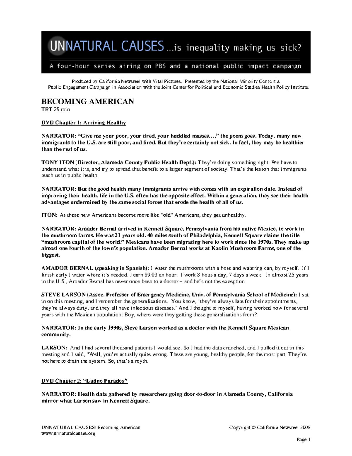 Ph303 becoming american - UNNATURAL CAUSES: Becoming American Copyright ...