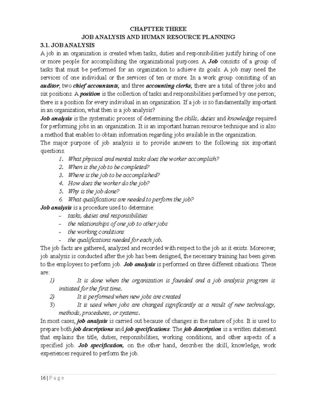 Hrm ch 3 - CHAPTTER THREE JOB ANALYSIS AND HUMAN RESOURCE PLANNING 3 ...