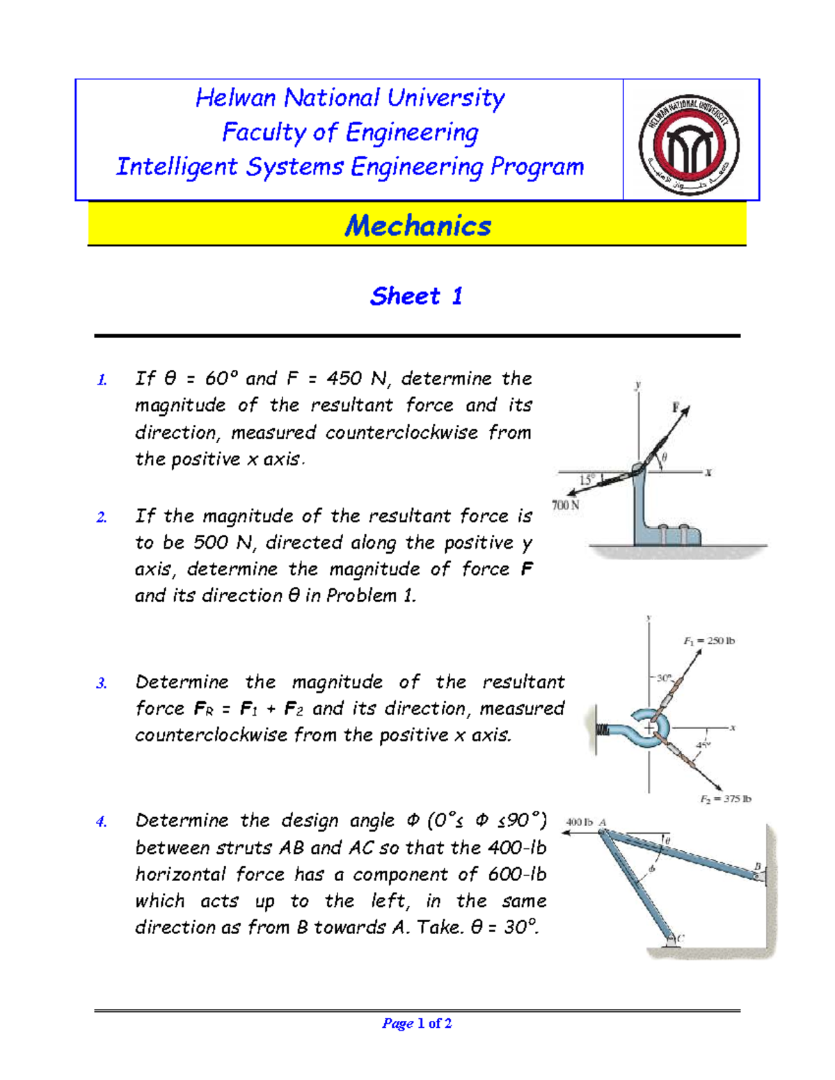 Sheet 1 pratice on chapter 1 statics - Page 1 of 2 Helwan National ...
