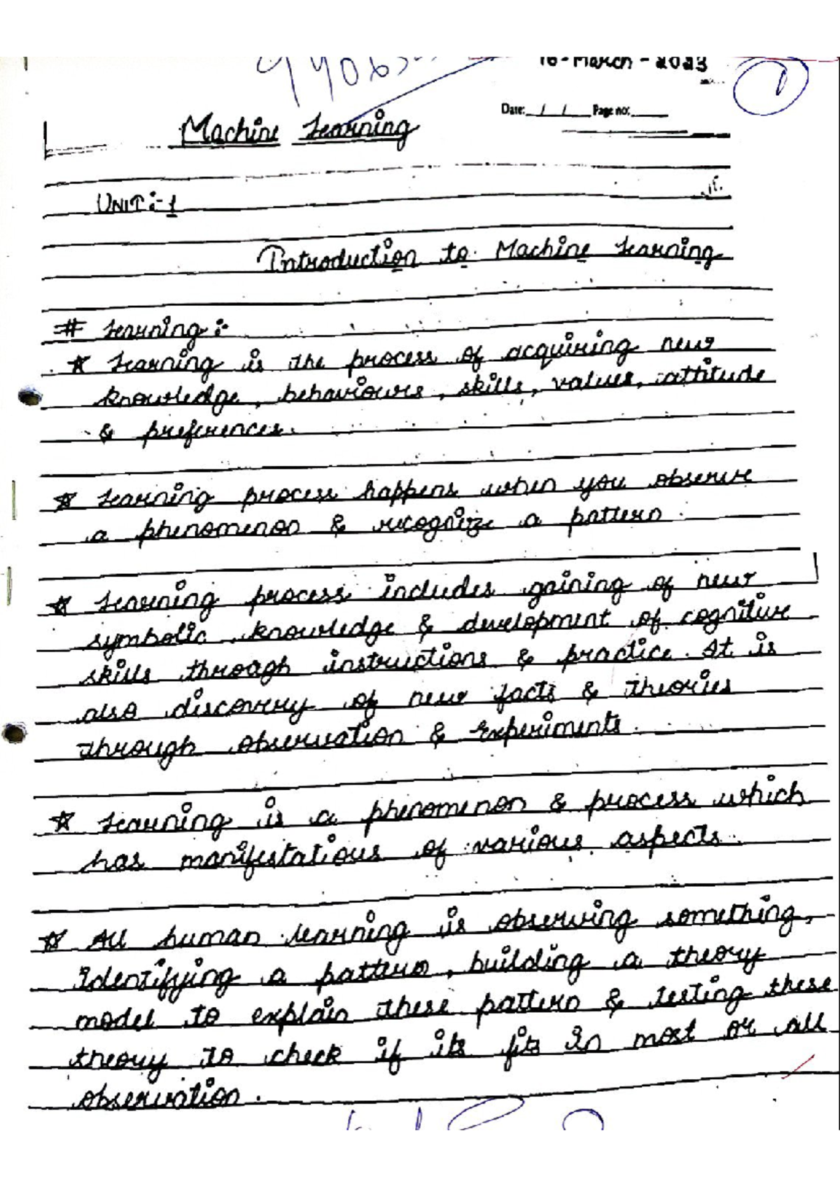 Machine Learning Unit-1 - 140x 10 March 2023 0 Date: L Page no. Machine ...