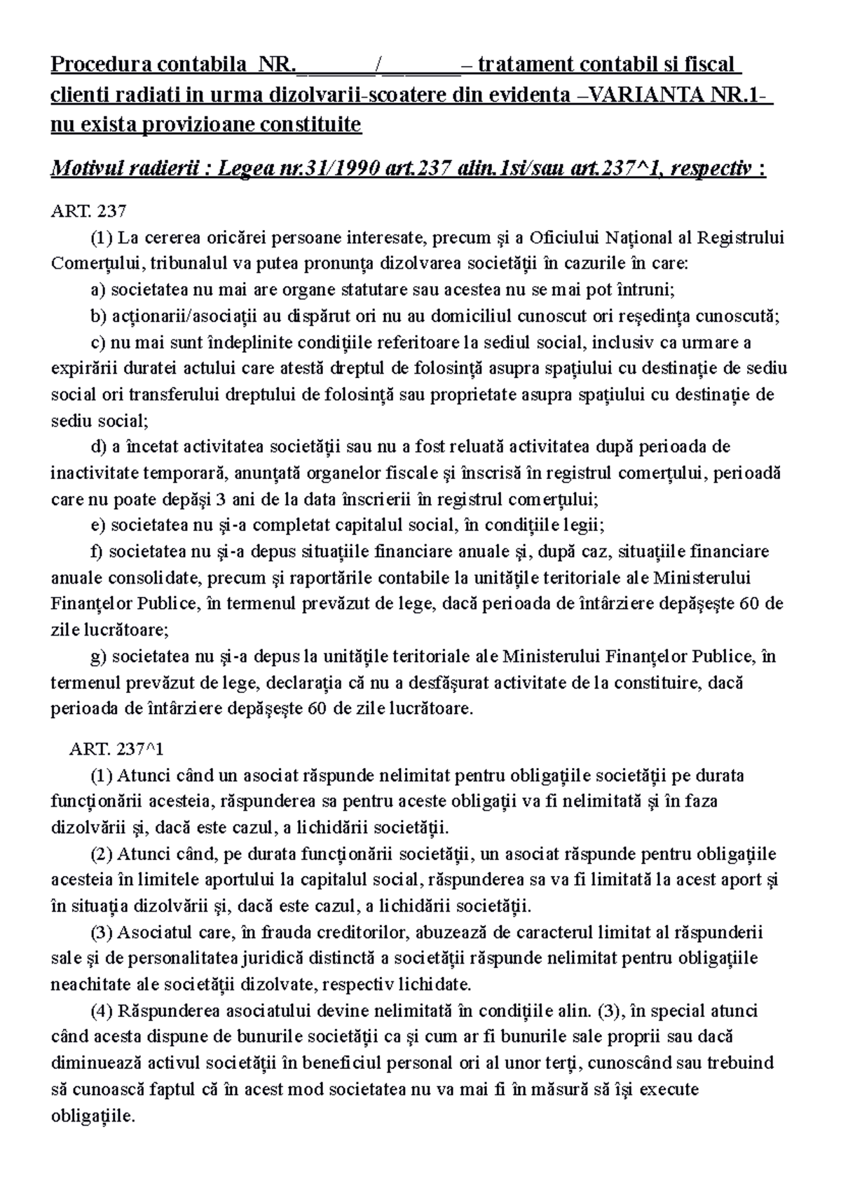 Procedura contabila scoatere din evidenta clienti art - Procedura ...