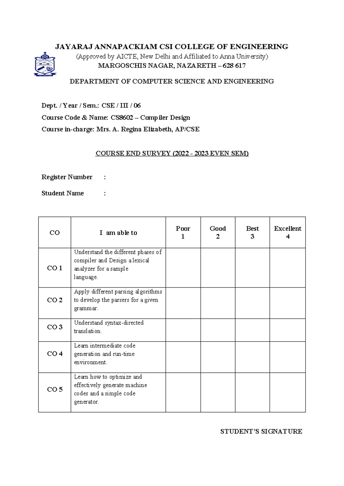 Course End Survey CD - JAYARAJ ANNAPACKIAM CSI COLLEGE OF ENGINEERING ...