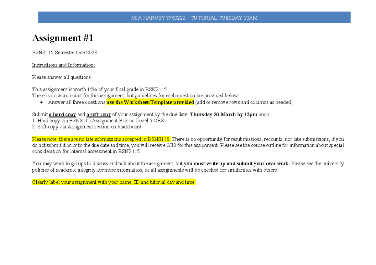 BSNS115 Assignment 1 - Mia Harvey - Assignment BSNS115 Semester One ...