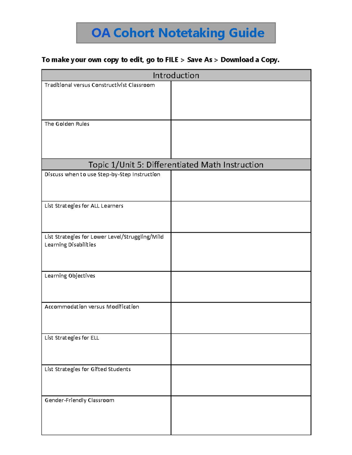 Math Methods Cohort Note Taking Guide - OA Cohort Notetaking Guide To ...