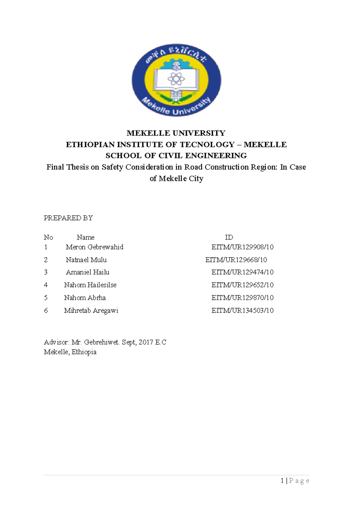 Mekelle University thesis - MEKELLE UNIVERSITY ETHIOPIAN INSTITUTE OF ...