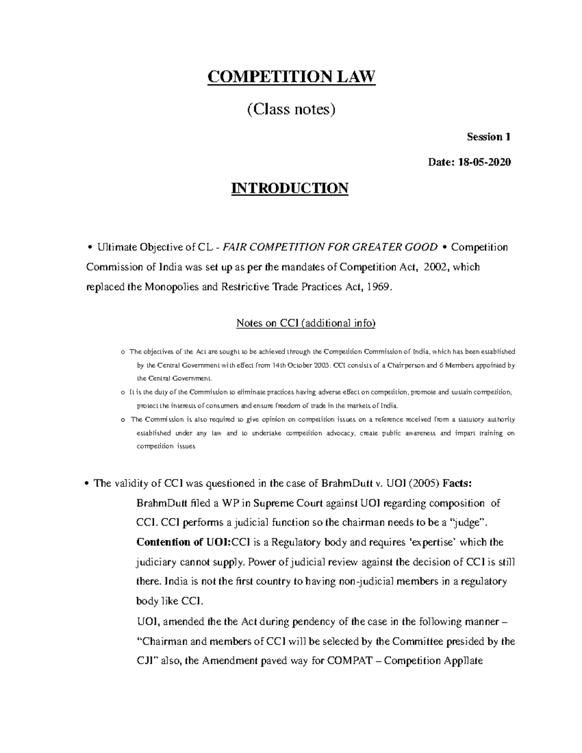 Competition Law - COMPETITION LAW (Class notes) Session 1 Date: 18-05 ...