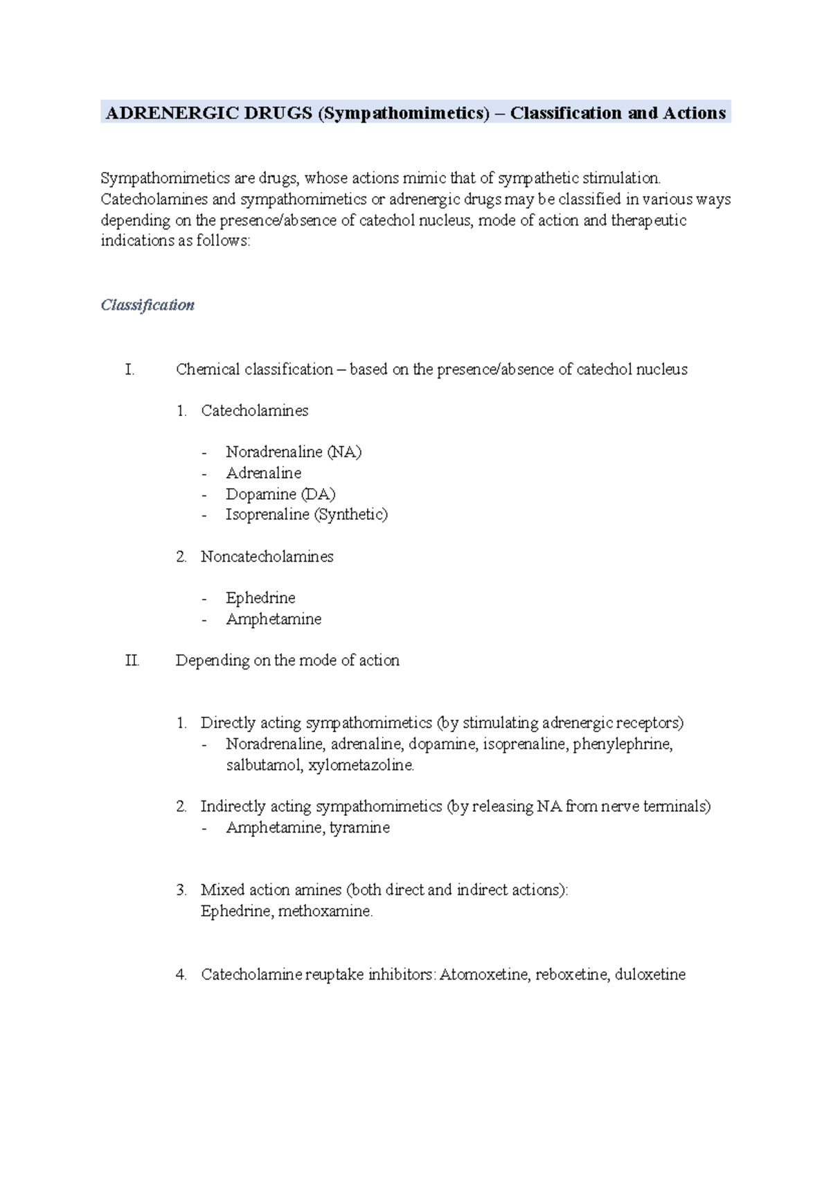 Adrenergic Drugs (sympathomimetics) - Classificastion and Actions ...