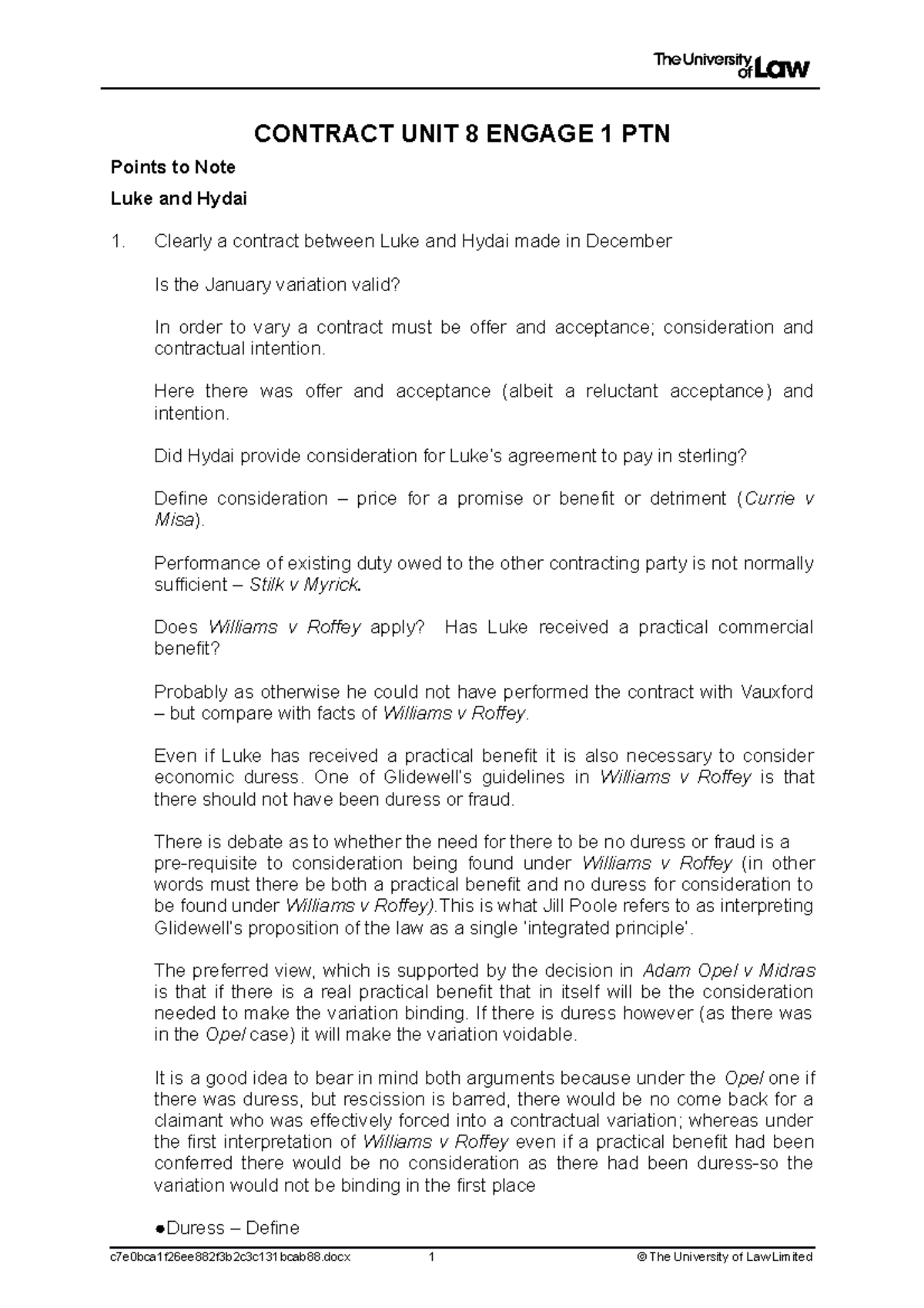 Contract UNIT 8 Engage 1 PTN - CONTRACT UNIT 8 ENGAGE 1 PTN Points to Note Luke and Hydai ...