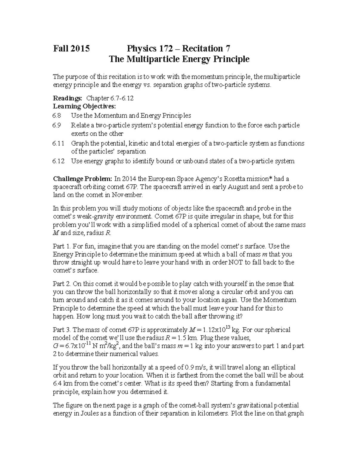 Rec07 172Fall15 - Recitation Problems - Fall 2015 Physics 172 – Recitation 7 The Multiparticle ...