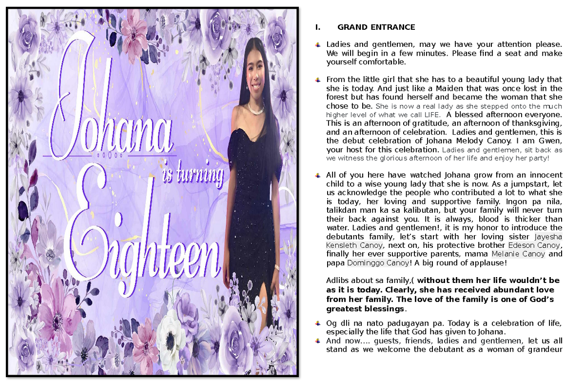 Debut program - It is a script material. - I. GRAND ENTRANCE Ladies and ...