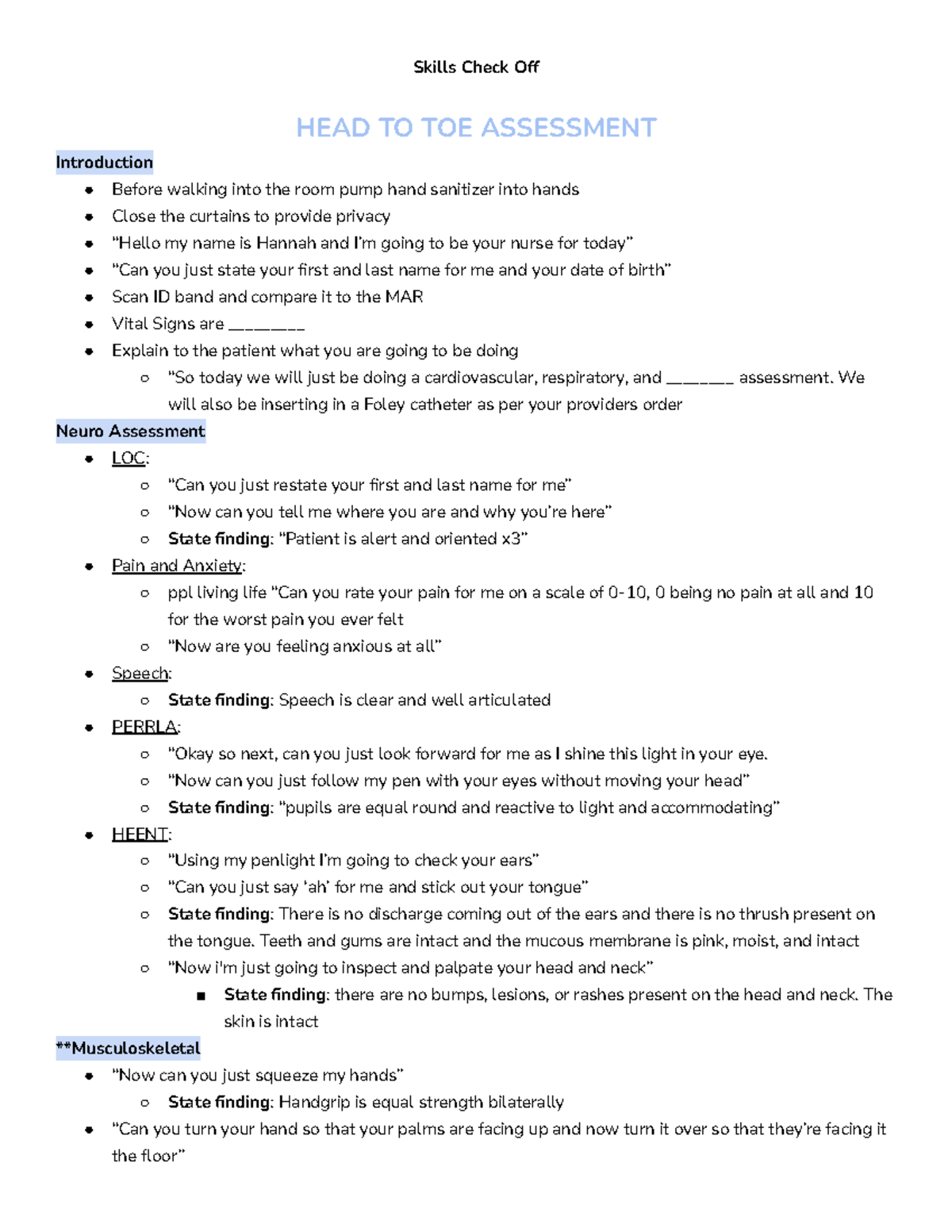 ICS Skills Check Off - Skills Check Off HEAD TO TOE ASSESSMENT ...