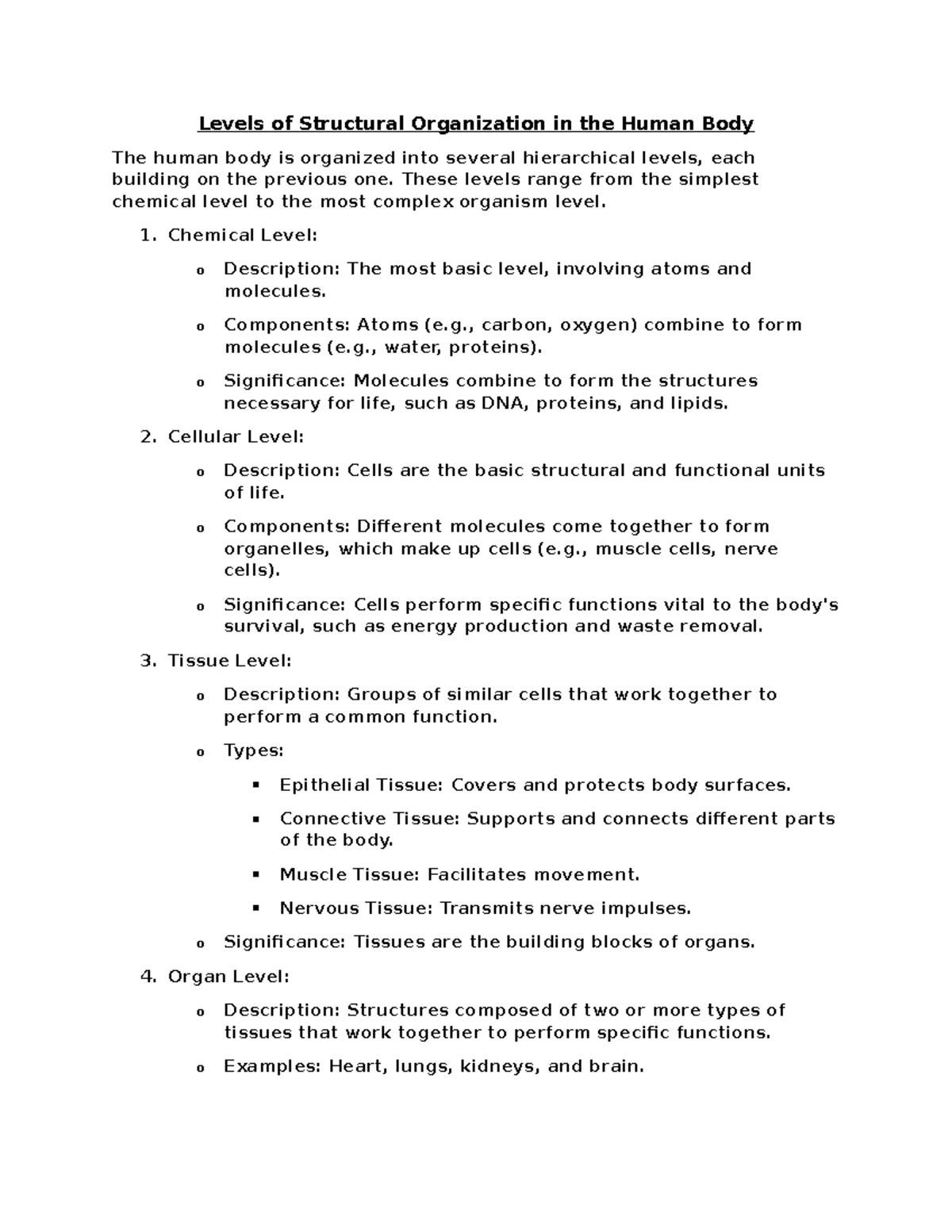 Levels of Structural Organization in the Human Body - These levels ...