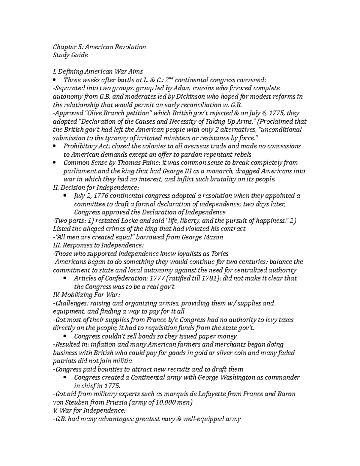 Chapter 5 study guide - Chapter 5: American Revolution Study Guide I ...