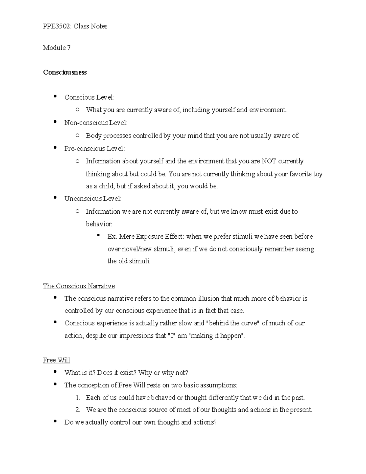 PPE3502-Module 7Notes - PPE3502: Class Notes Module 7 Consciousness ...