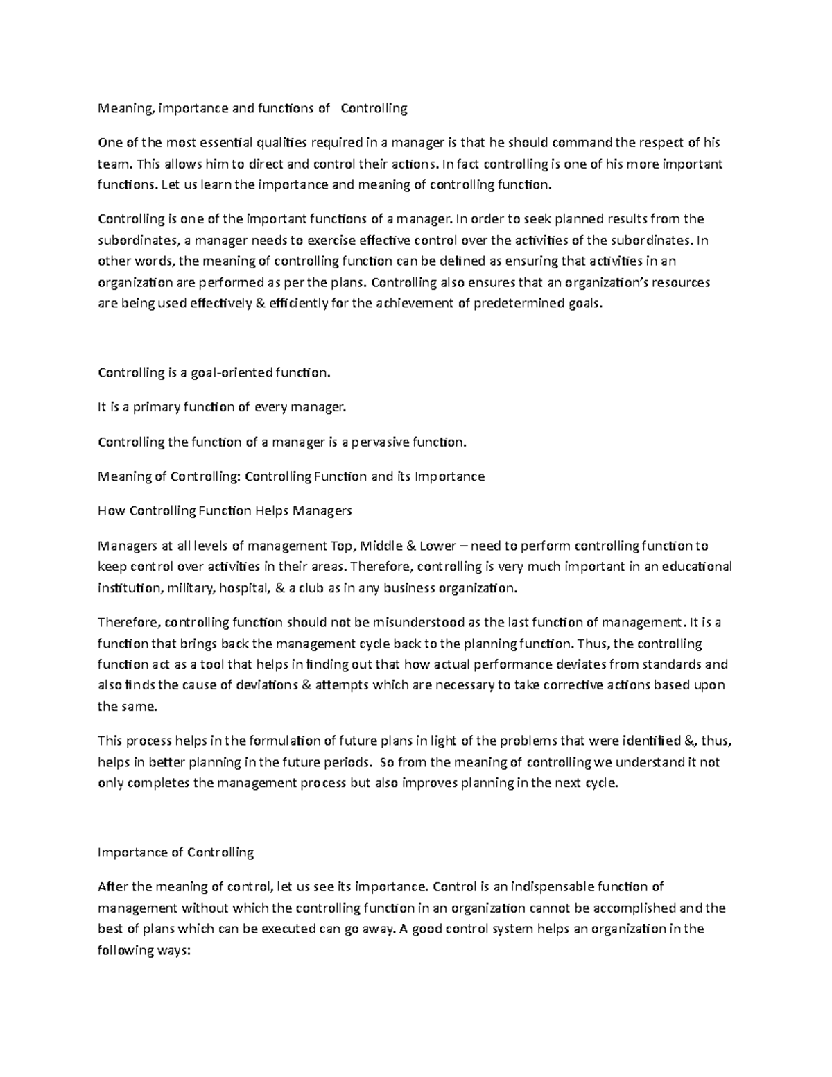 Meaning, importance and functions of Controlling - This allows him to ...