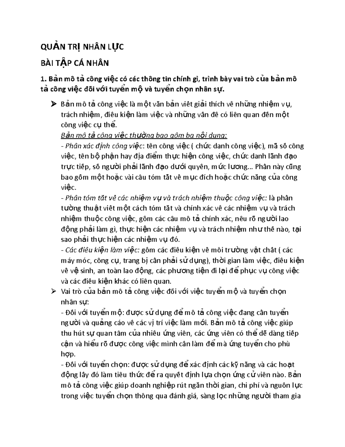 QTNL cua LinhPY - QU ẢN TR NHÂN LỊ ỰC BÀI T ẬP CÁ NHÂN B ản mô t ả công vi ệc có các thông tin ...