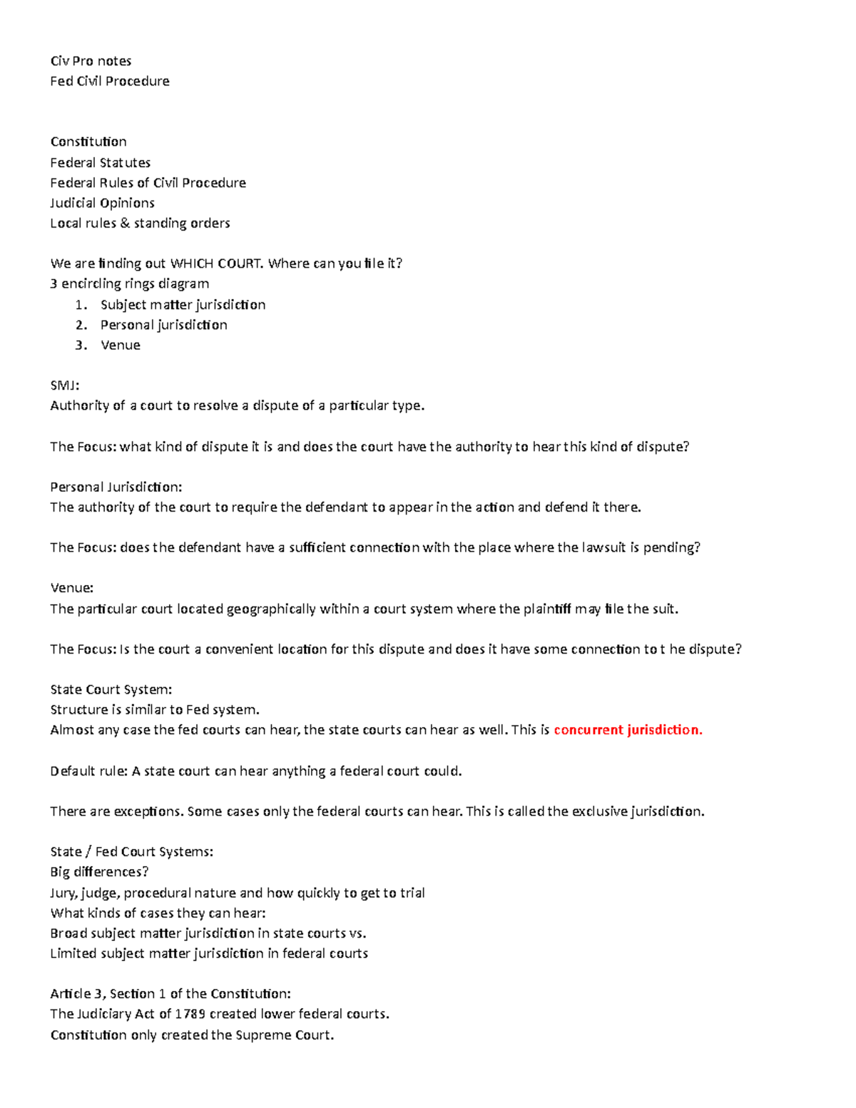 Civ Pro Class Notes - Civ Pro notes Fed Civil Procedure Constitution ...