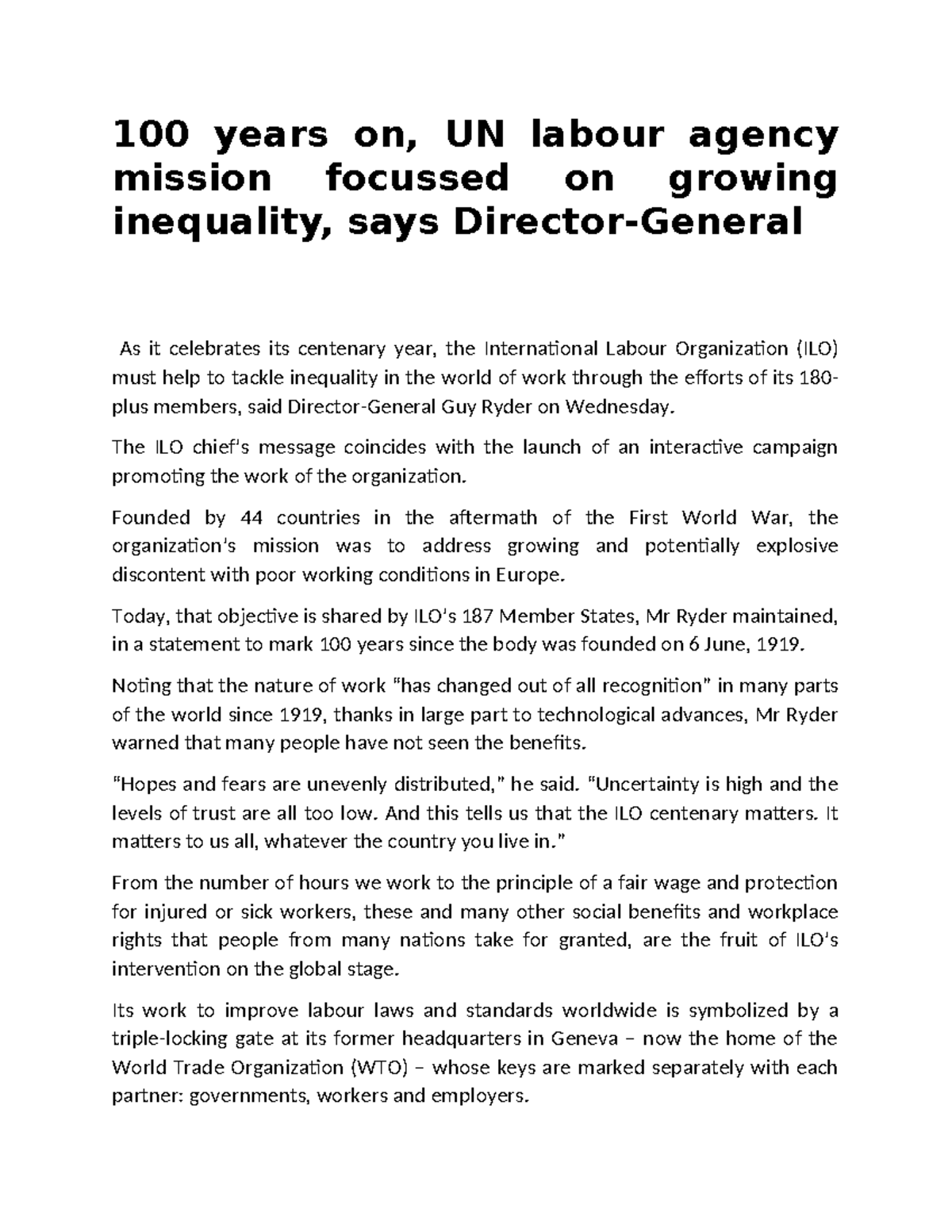 100 years on - css - 100 years on, UN labour agency mission focussed on ...