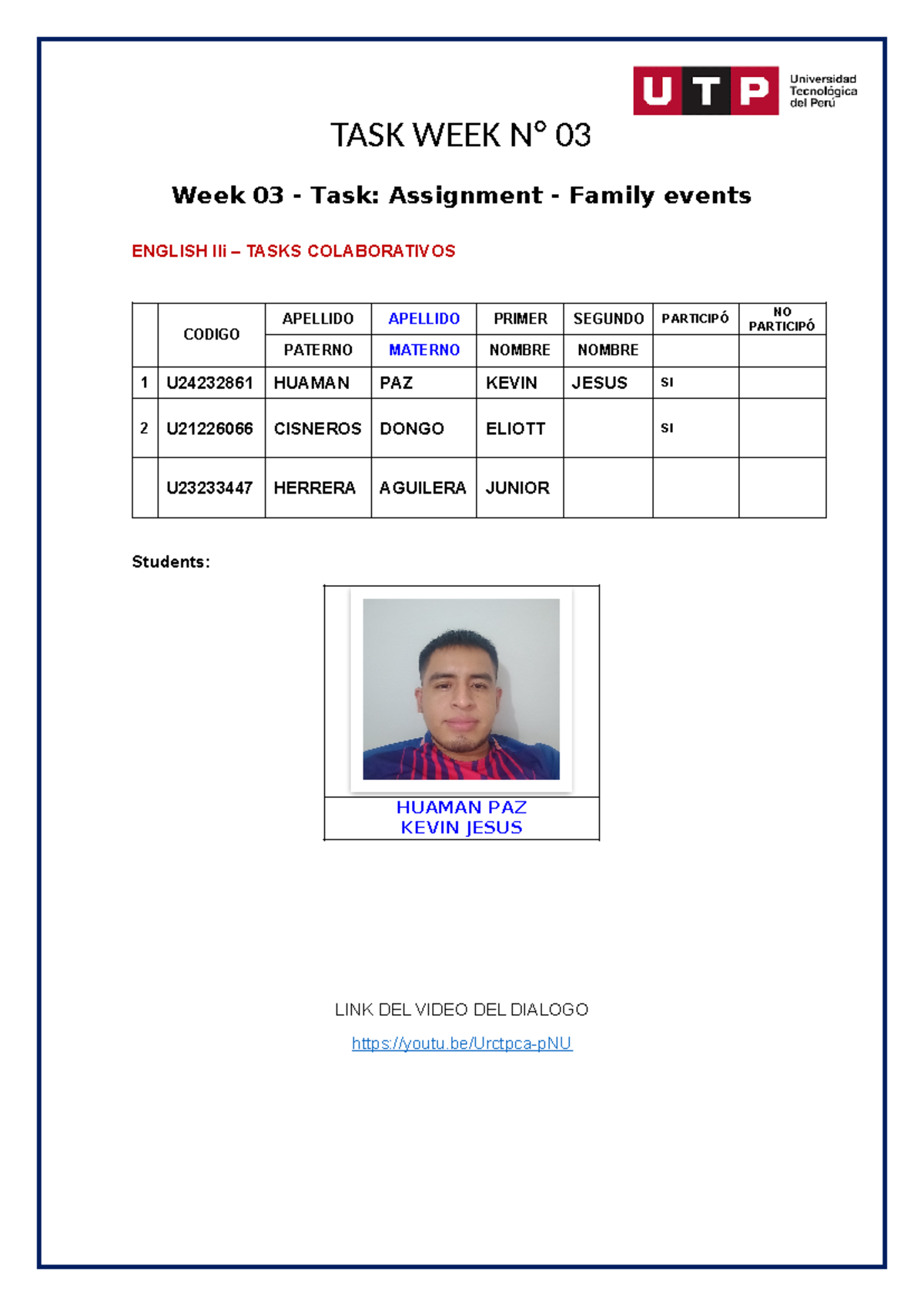 WEEK 3 - Ingles II - TASK WEEK N° 03 Week 03 - Task: Assignment - Family events ENGLISH IIi ...