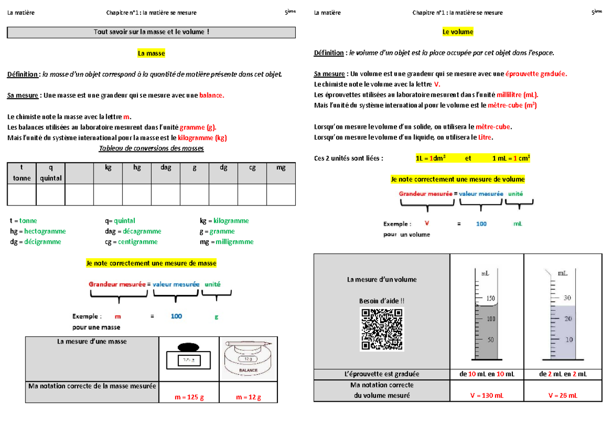 Cours masse et volume corrigé - La matière Chapitre n°1 : la matière se ...