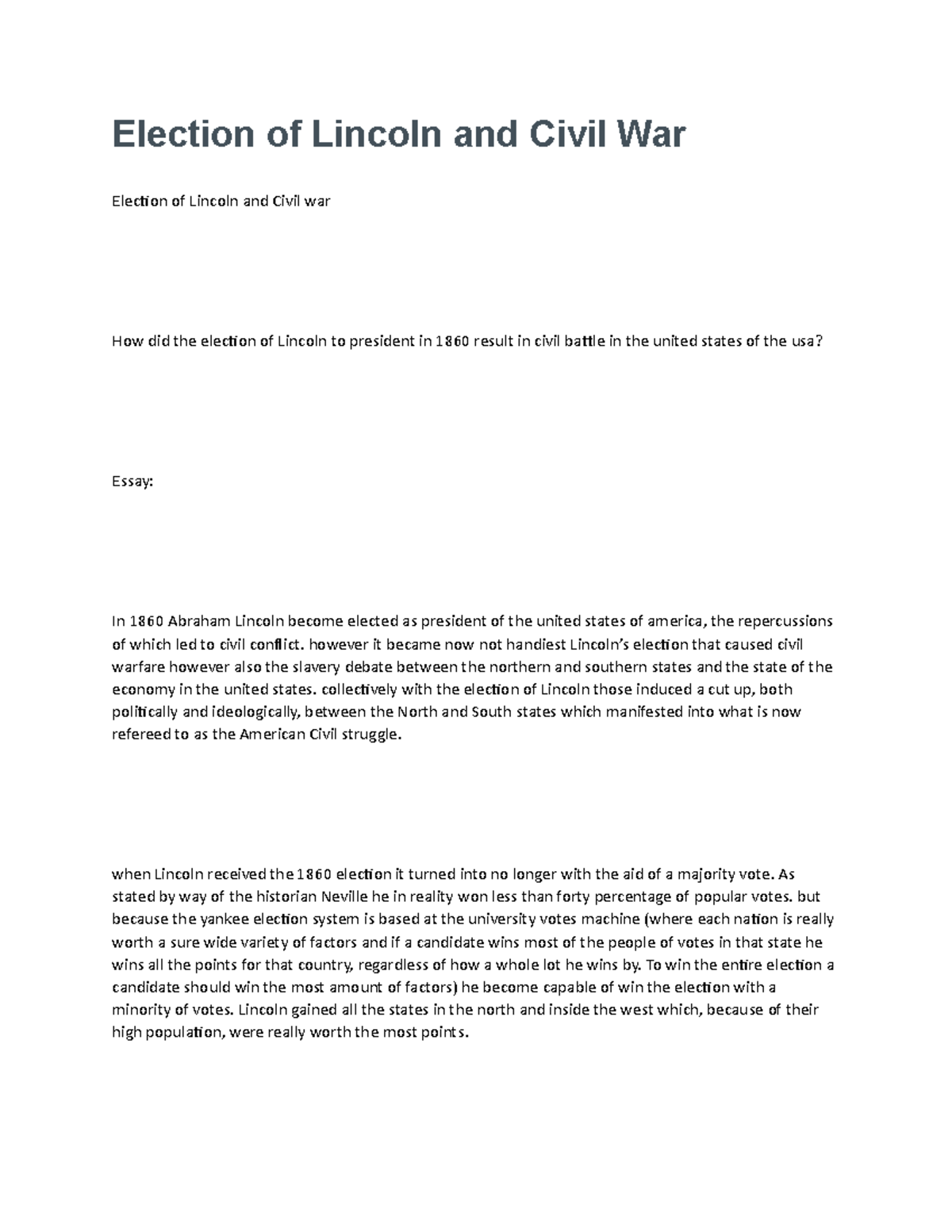 Election of Lincoln and Civil War - ENG 262 - Guilford Tech - StuDocu