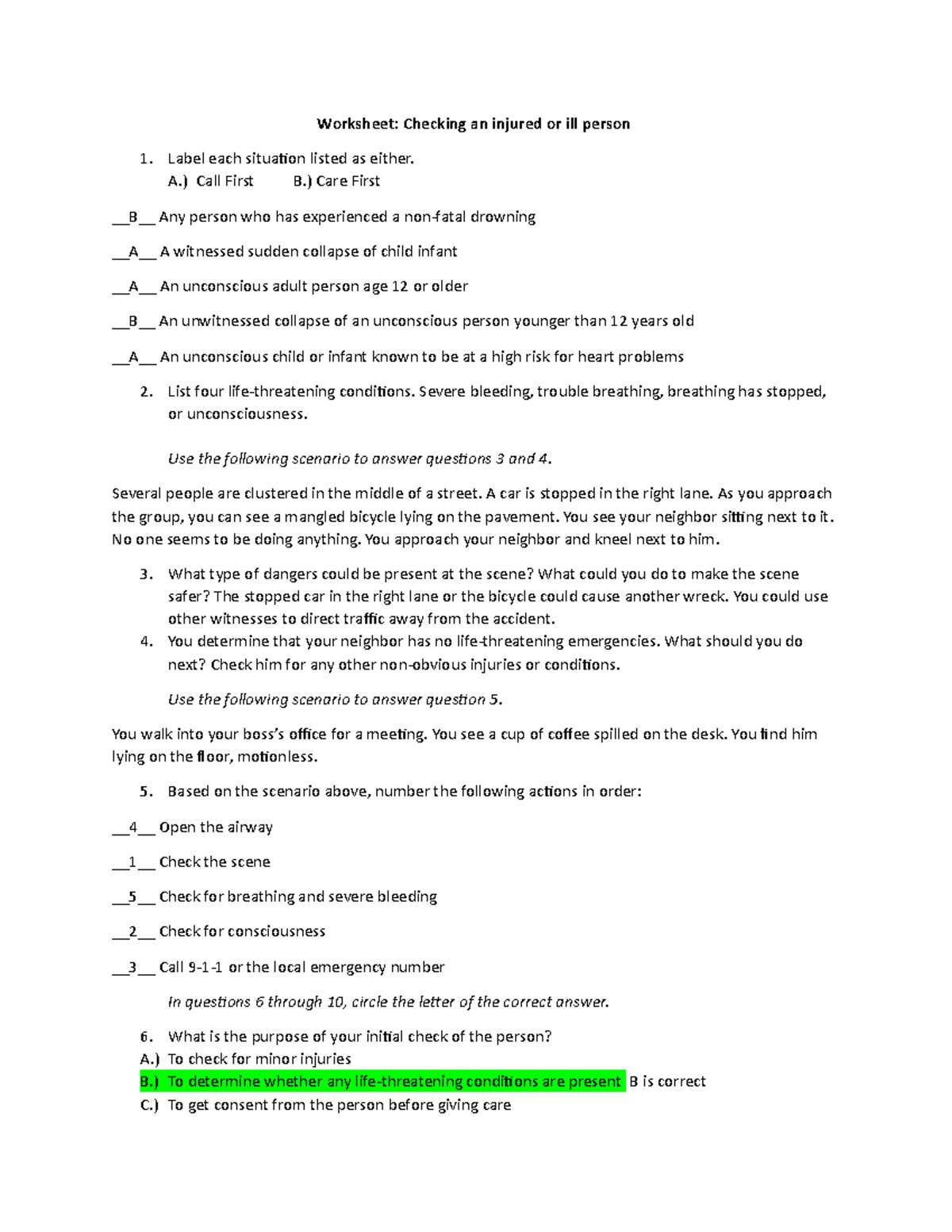 Injuries and First Aid Worksheet 1 - Worksheet: Checking an injured or ...