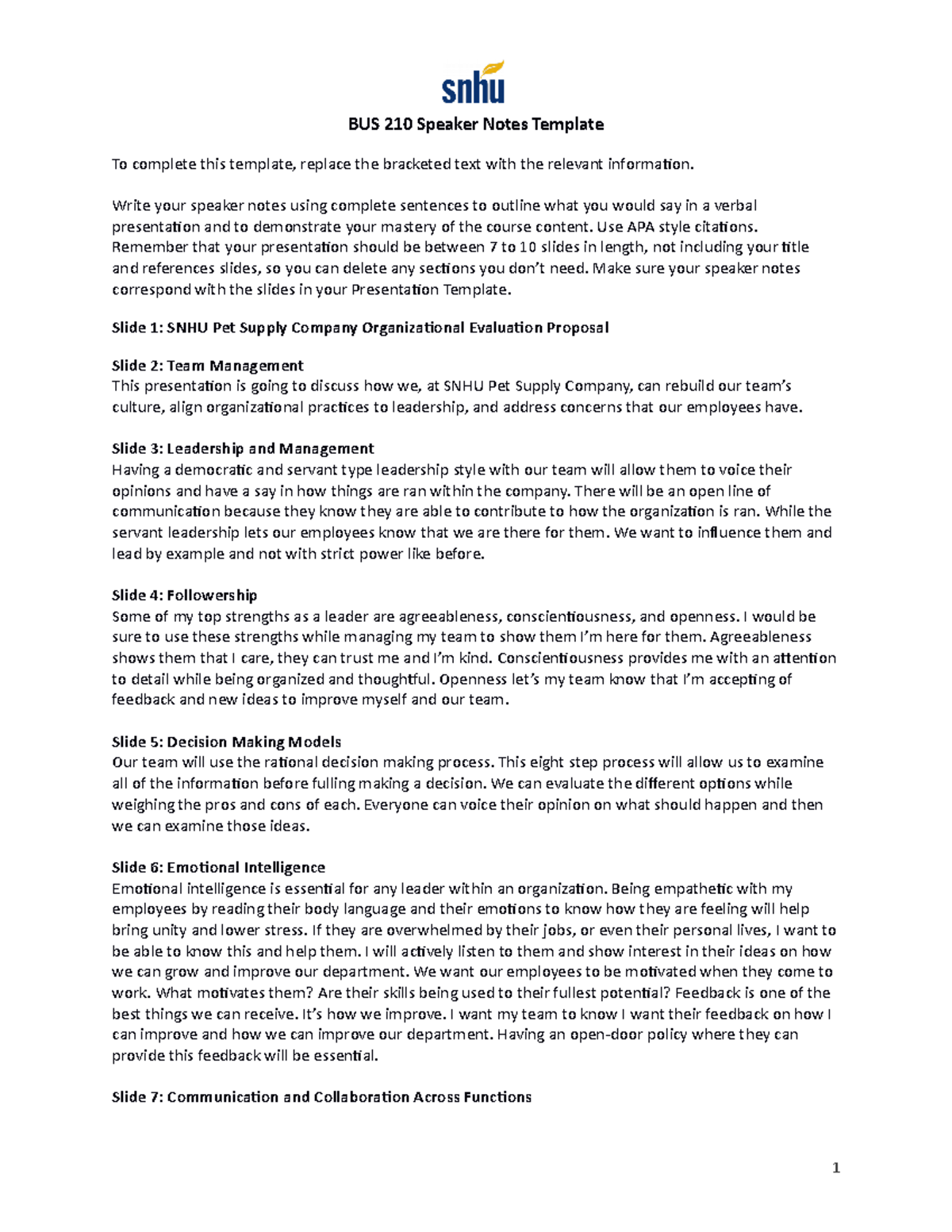 Module 7 - Organizational Evaluation Proposal Speaker Notes - BUS 210 ...