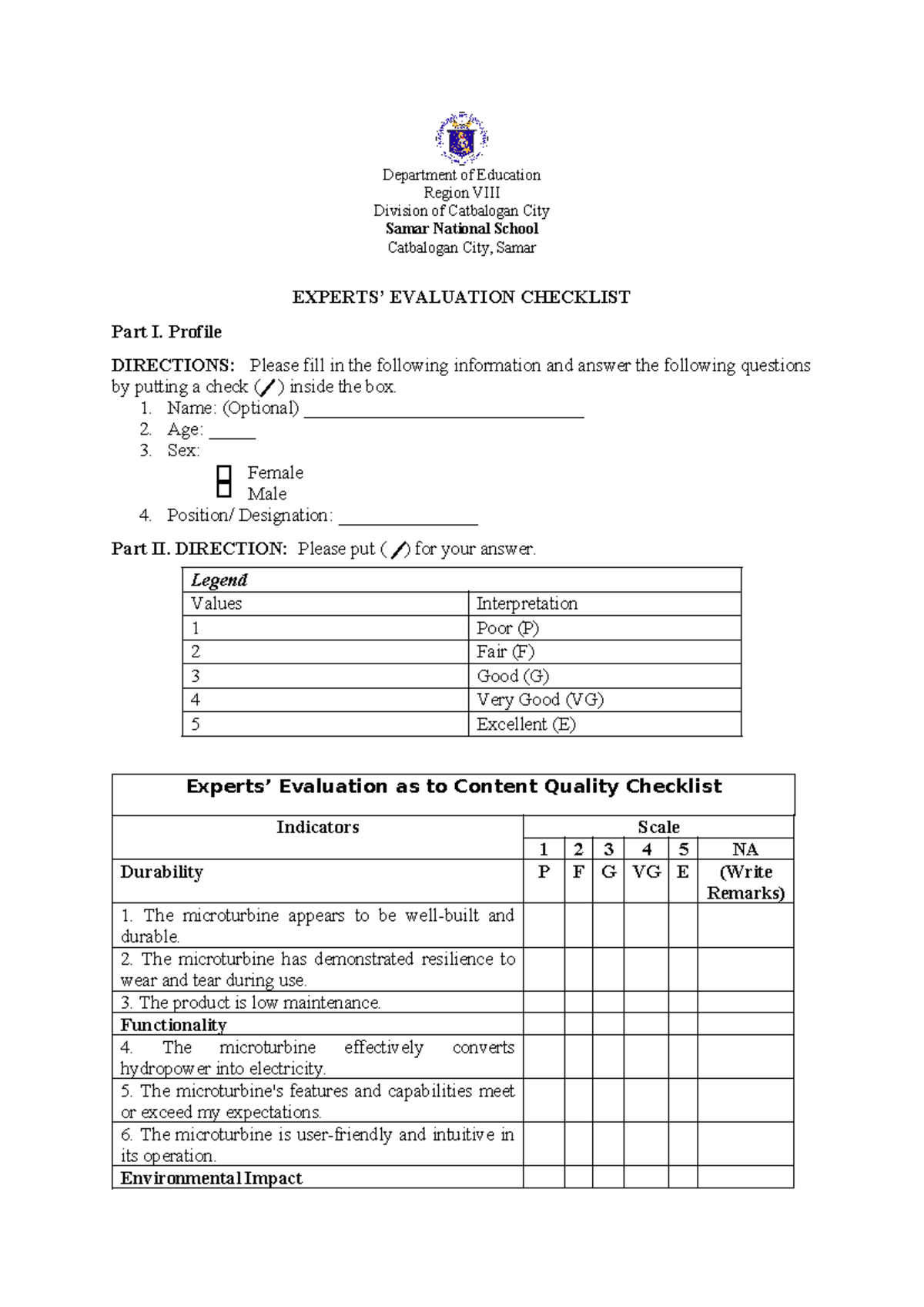 Sample- Checklist - jshsjskaha jsh - Department of Education Region ...