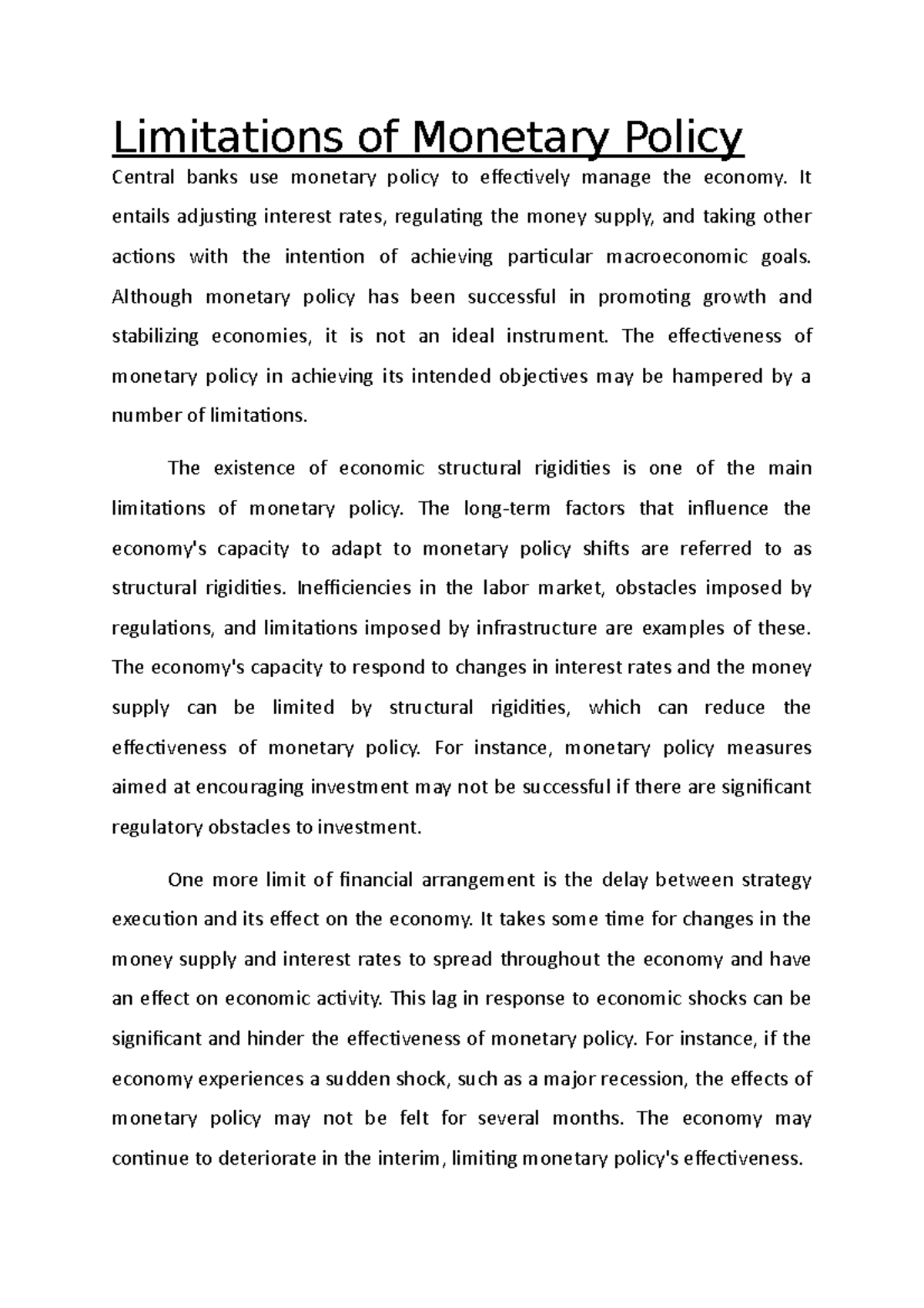 Limitations of Monetary Policy - Limitations of Monetary Policy Central ...