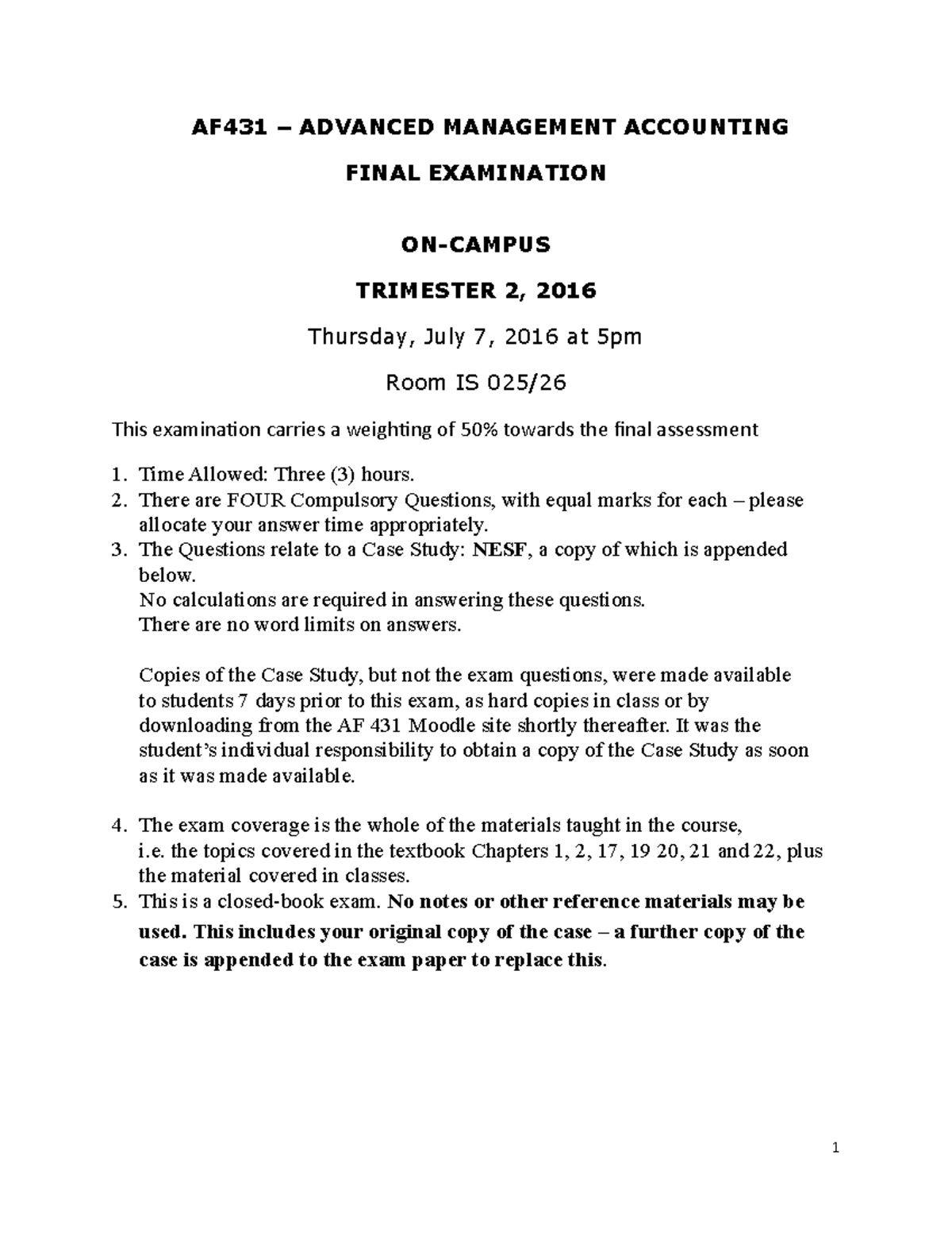 AF 431 Final Exam Trimester 2 2016 Case Study - AF431 – ADVANCED ...