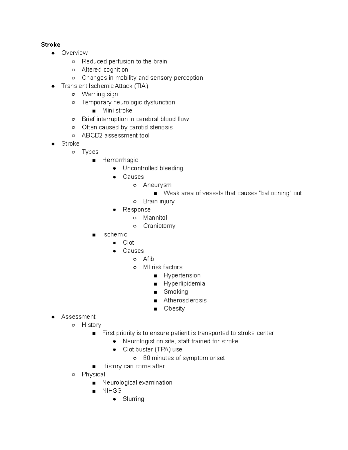 Stoke and TBI Notes - Stroke Overview Reduced perfusion to the brain ...