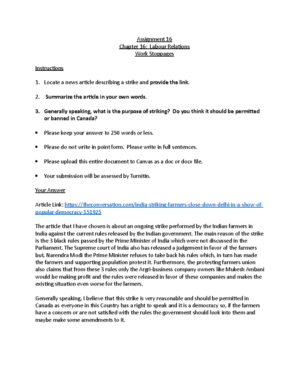 HR Assignment 16 - Assignment 16 Chapter 16: Labour Relations Work ...