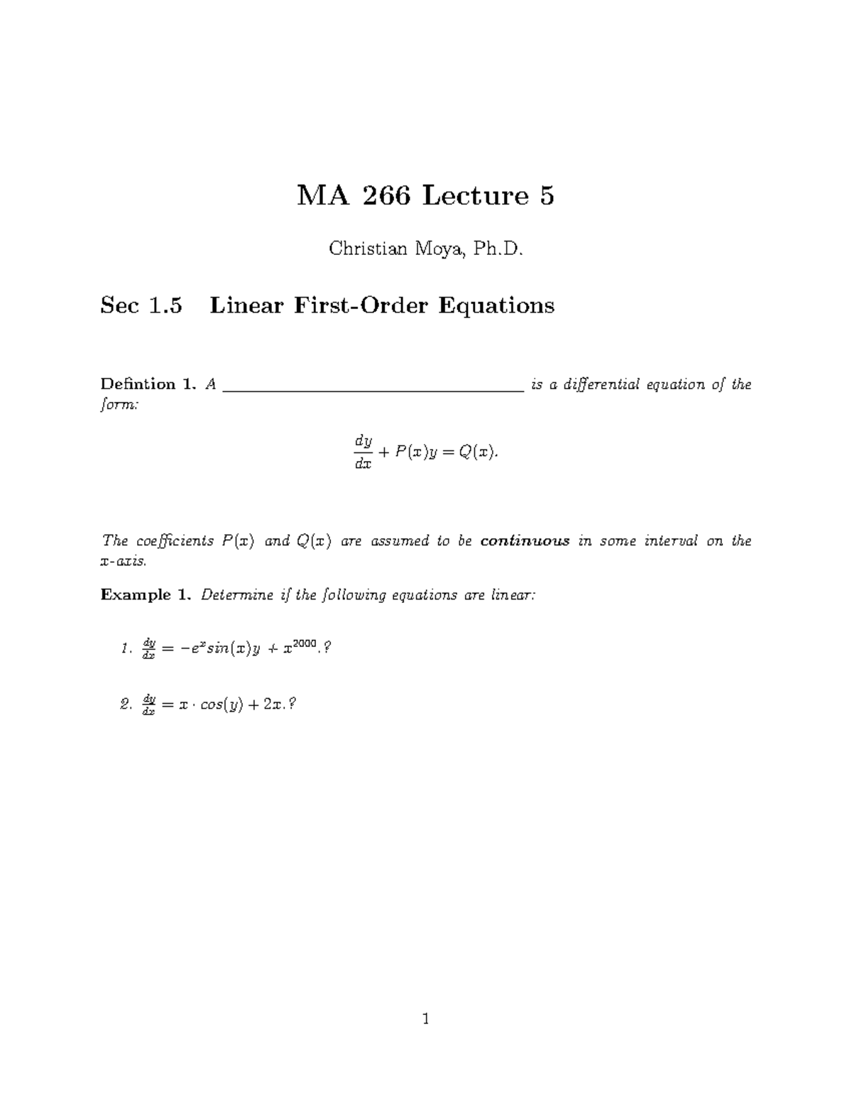 Sec 1 5 - Lecture notes 5 - MA 266 Lecture 5Christian Moya, Ph. Sec 1 ...