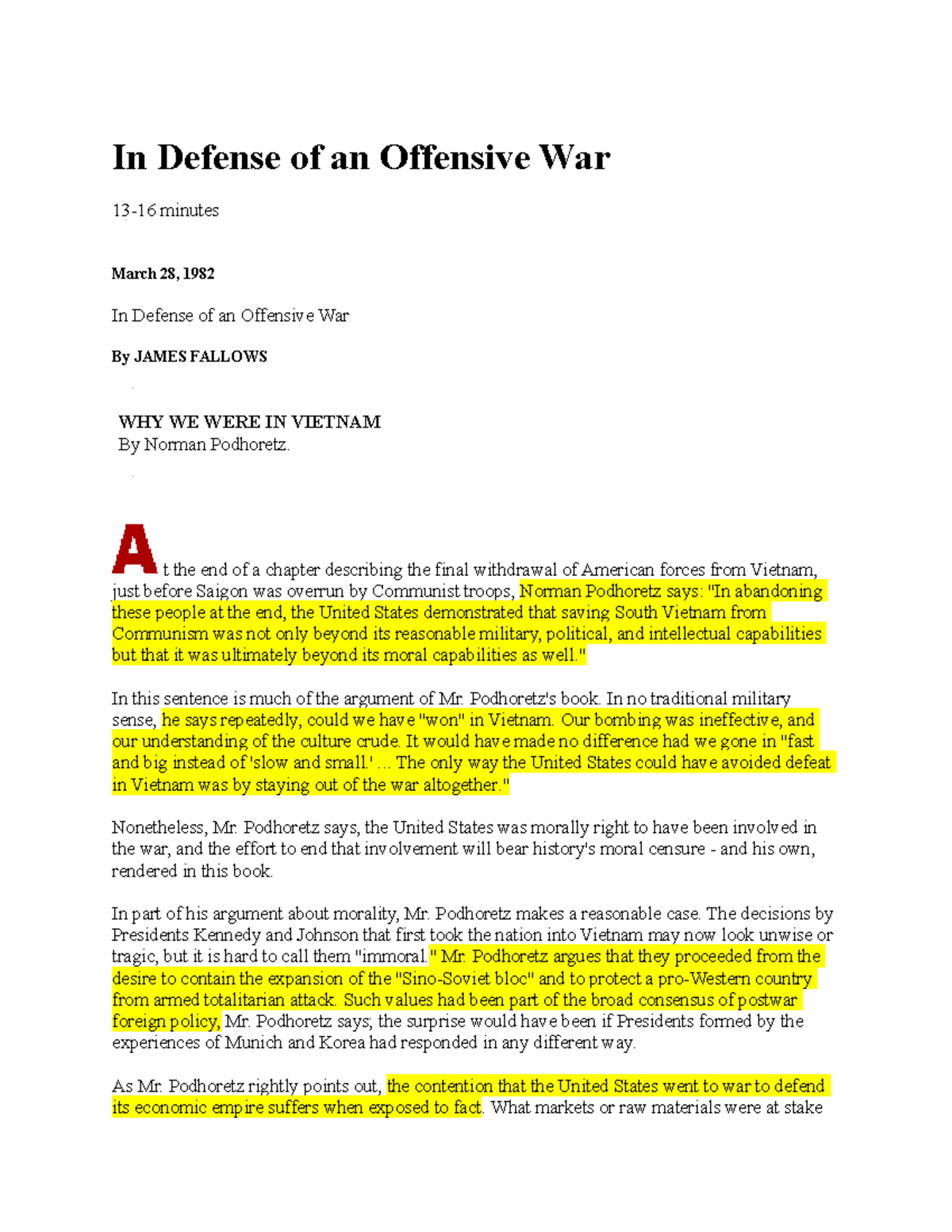 In Defense of an Offensive War Article - In Defense of an Offensive War ...