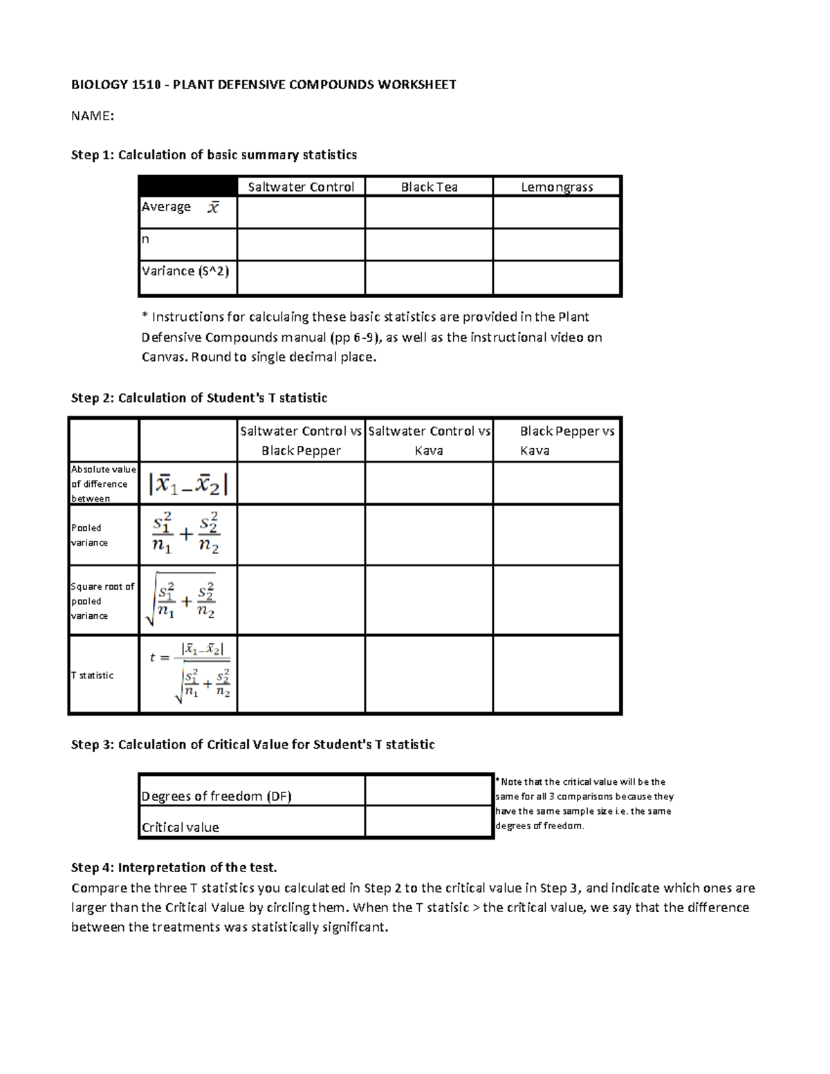 BIOL 1510 Plant Defenses stats worksheet W2023-2 - BIOLOGY 1510 - PLANT ...