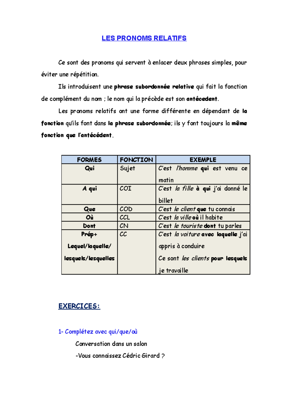 Les pronoms relatifs (1) - LES PRONOMS RELATIFS Ce sont des pronoms qui ...