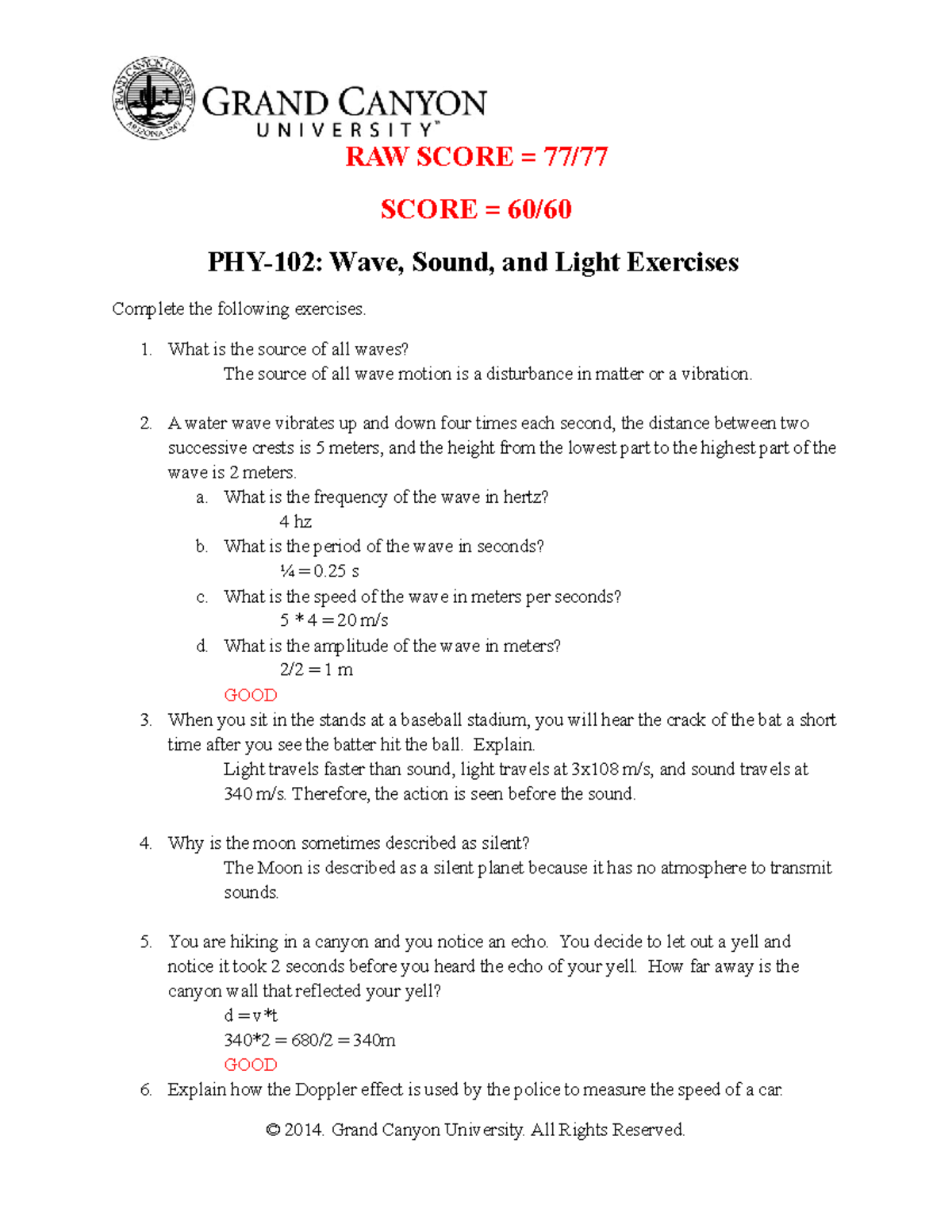 PHY-102-RS-Wave Soundand Light Exercises Graded - RAW SCORE = 77/ SCORE = 60/ PHY-102: Wave ...