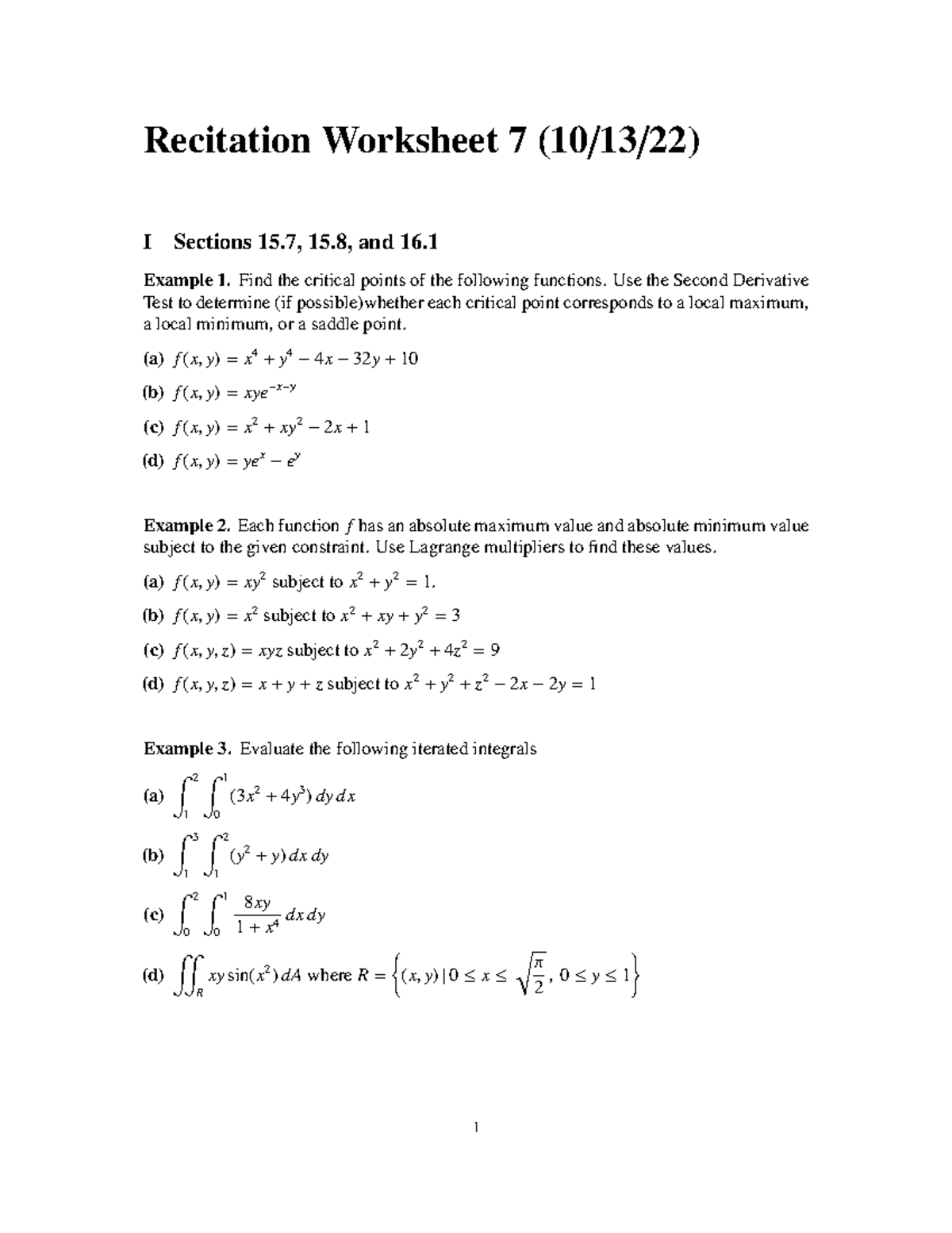 Recitation 7 - Prof. Barry Minemyer - Recitation Worksheet 7 (10/ 13 /22) I Sections 15, 15, and ...