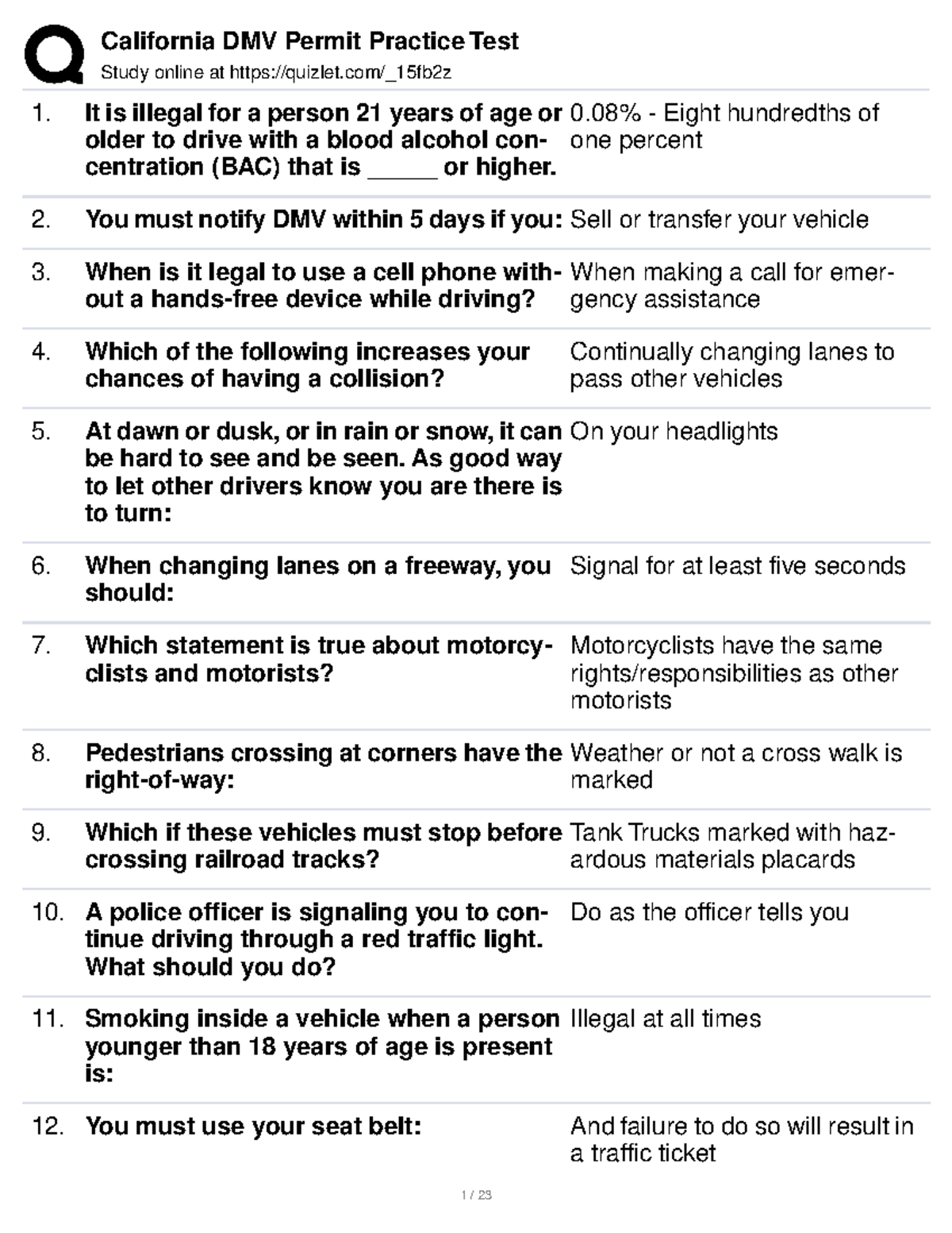 Permit CA Practice - Study online at quizlet/_15fb2z It is illegal for ...
