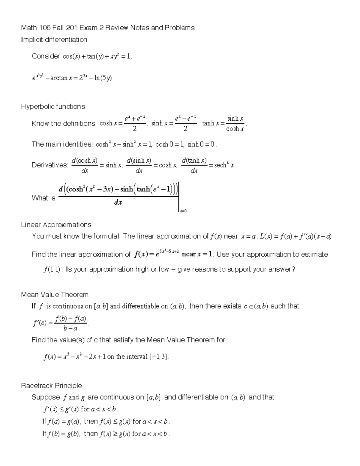 Ex 2 Review F19 - Math 106 Fall 201 Exam 2 Review Notes and Problems ...