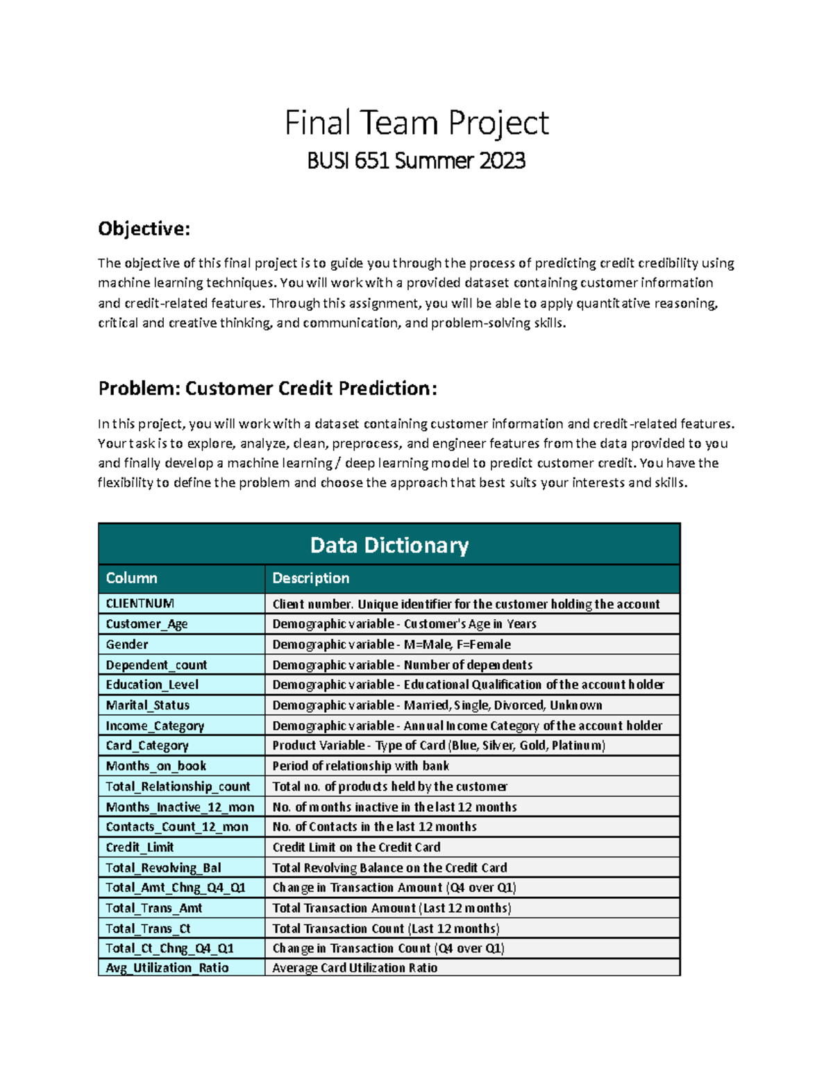 Final Group Project - Guideline - Final Team Project BUSI 651 Summer 2023 Objective: The ...