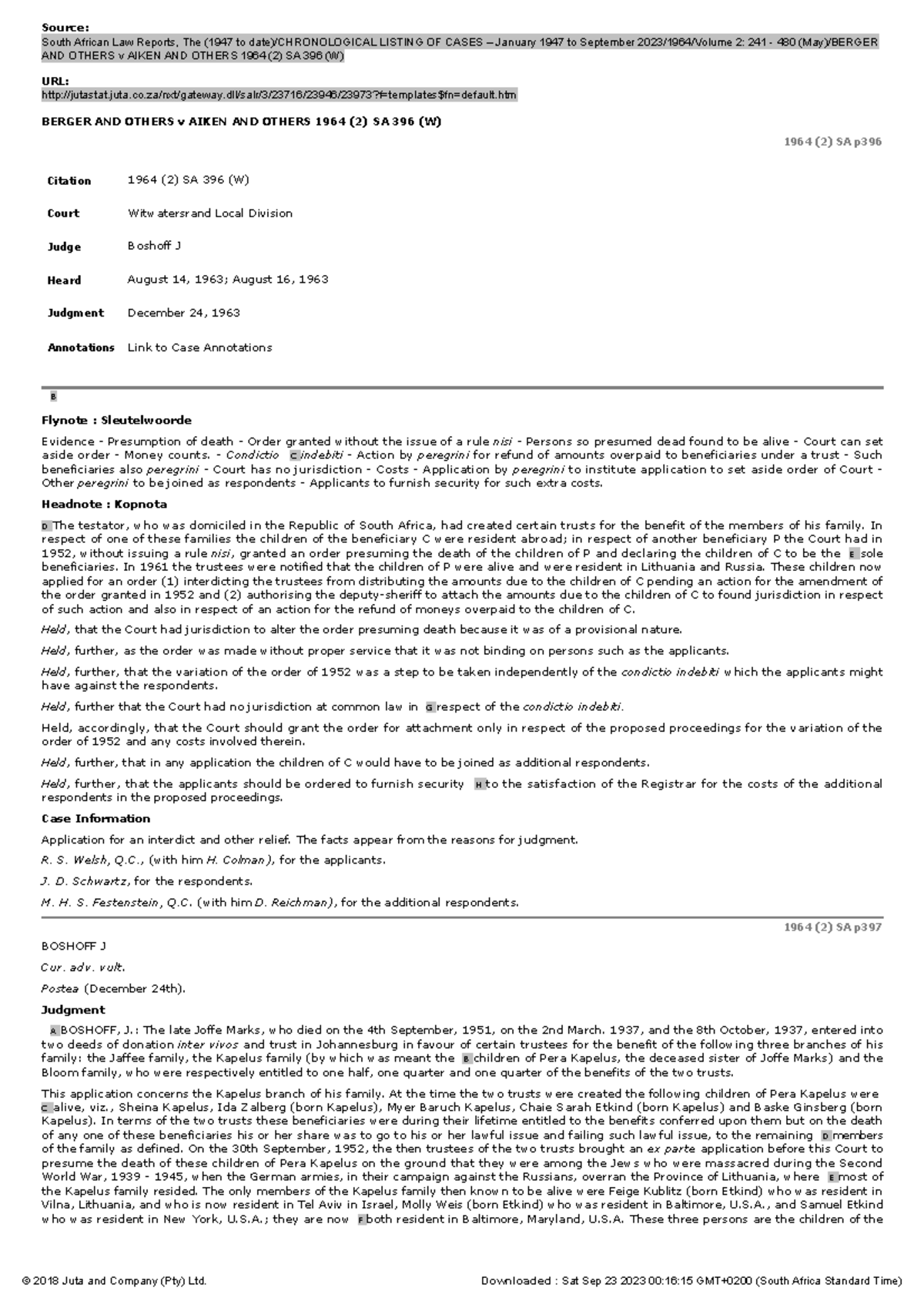 Berger AND Others v Aiken AND Others 1964 (2) SA 396 (W) - Source ...