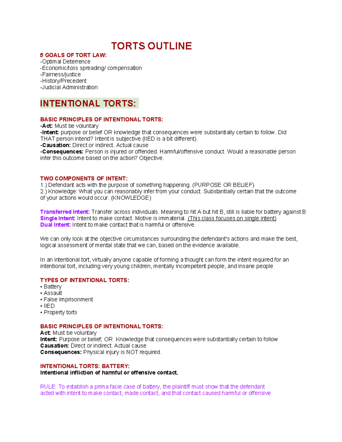 Torts Outline - TORTS OUTLINE 5 GOALS OF TORT LAW: -Optimal Deterrence ...