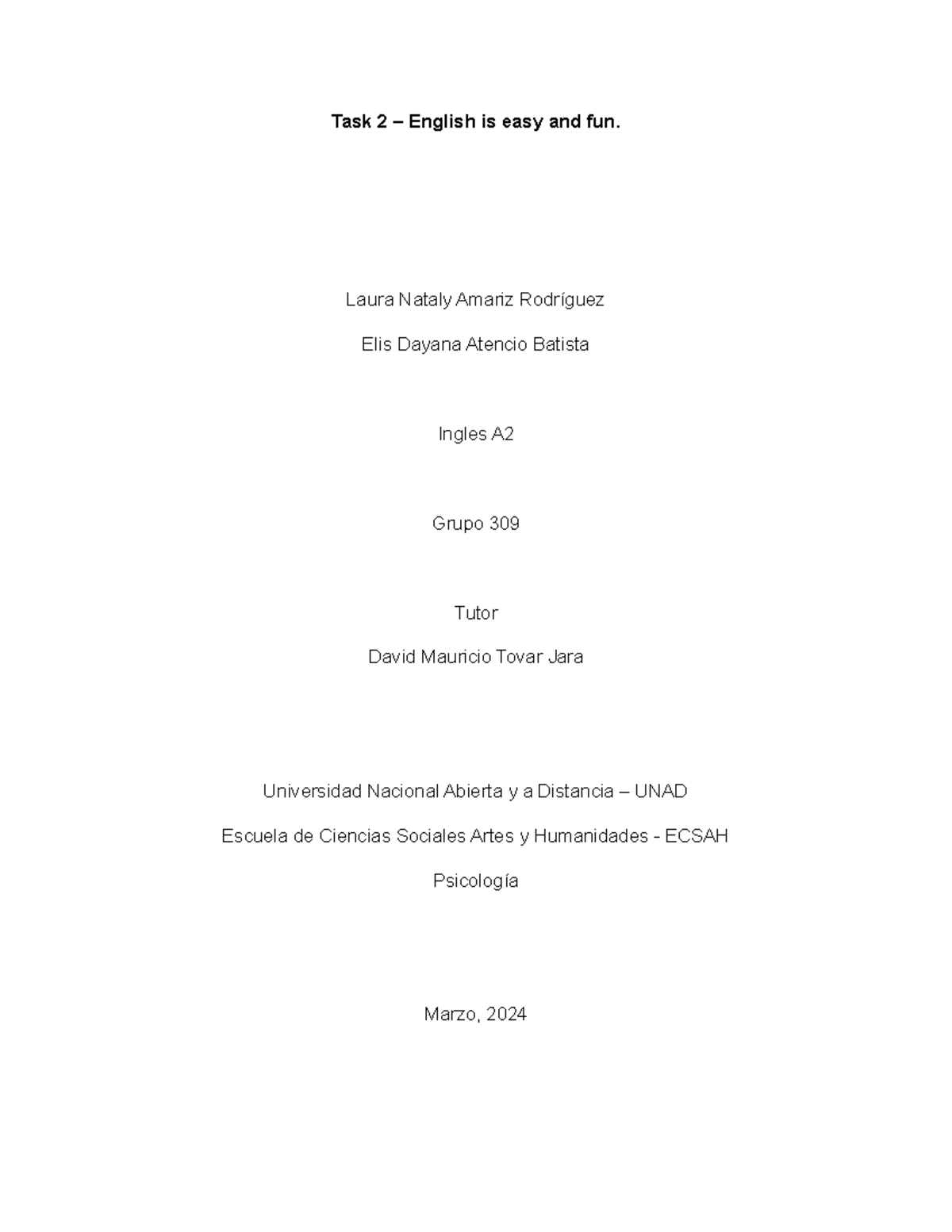 Grupo 309 - Task 2 - English is easy and fun - Task 2 – English is easy ...