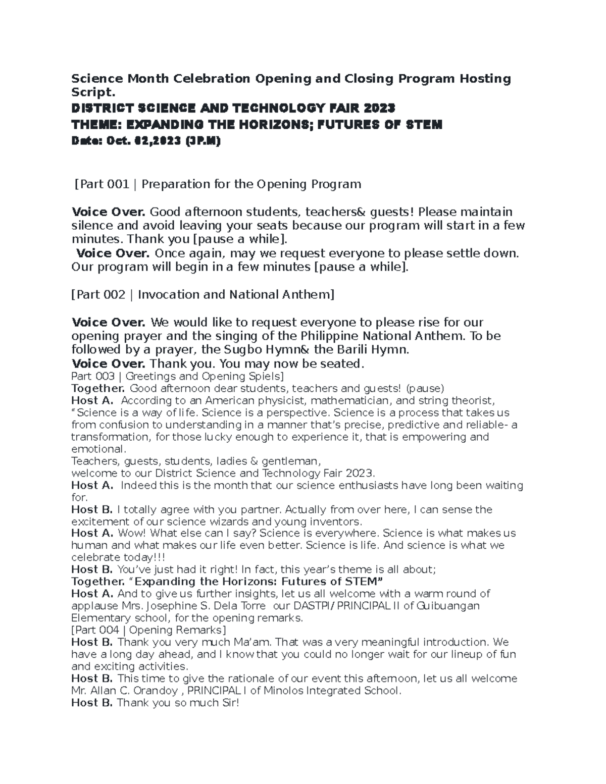 Script- Emcee (SCI-MATH) 085331 - Science Month Celebration Opening and ...