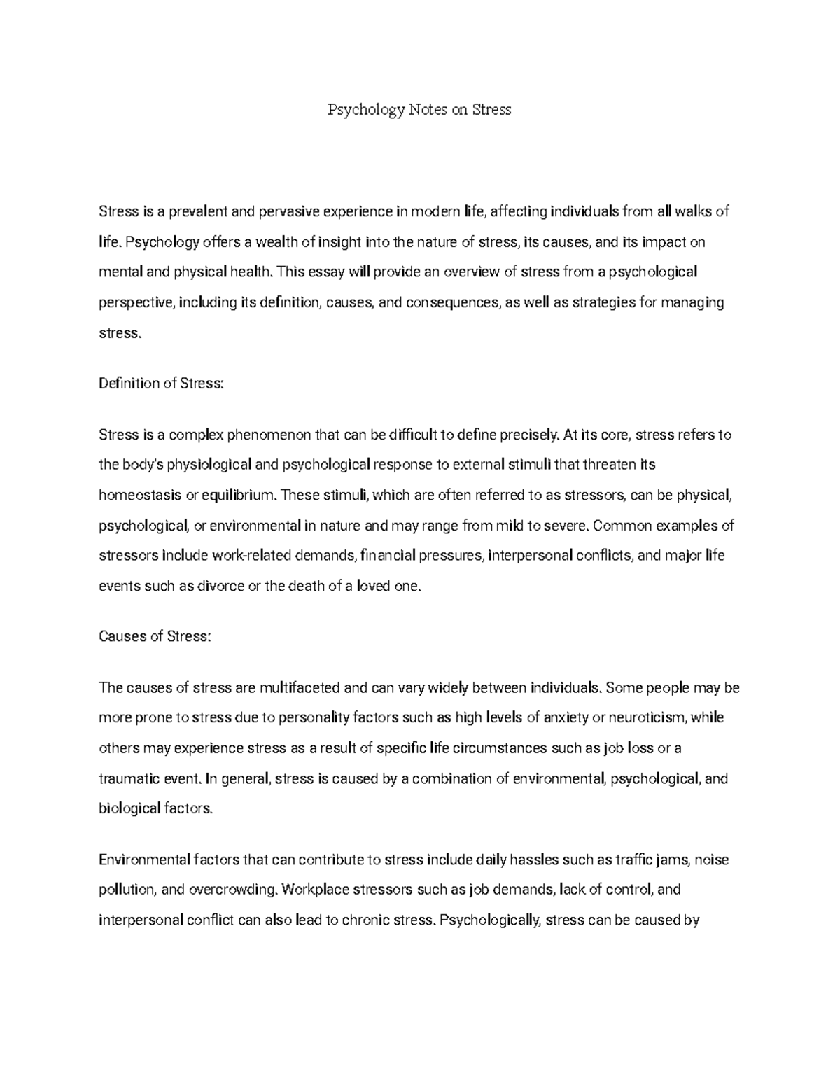 Stress Notes - Psychology Notes on Stress Stress is a prevalent and ...