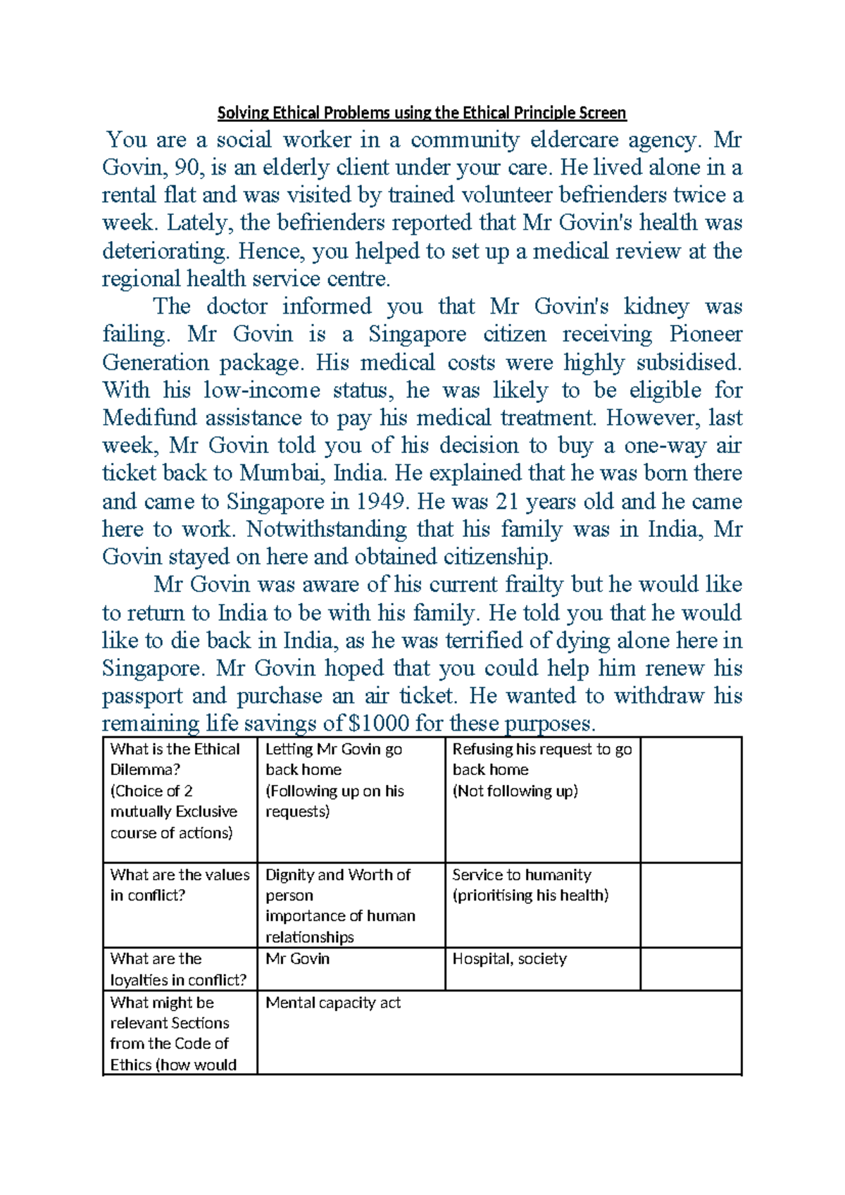 SWK 201 Case Study - Solving Ethical Problems using the Ethical ...