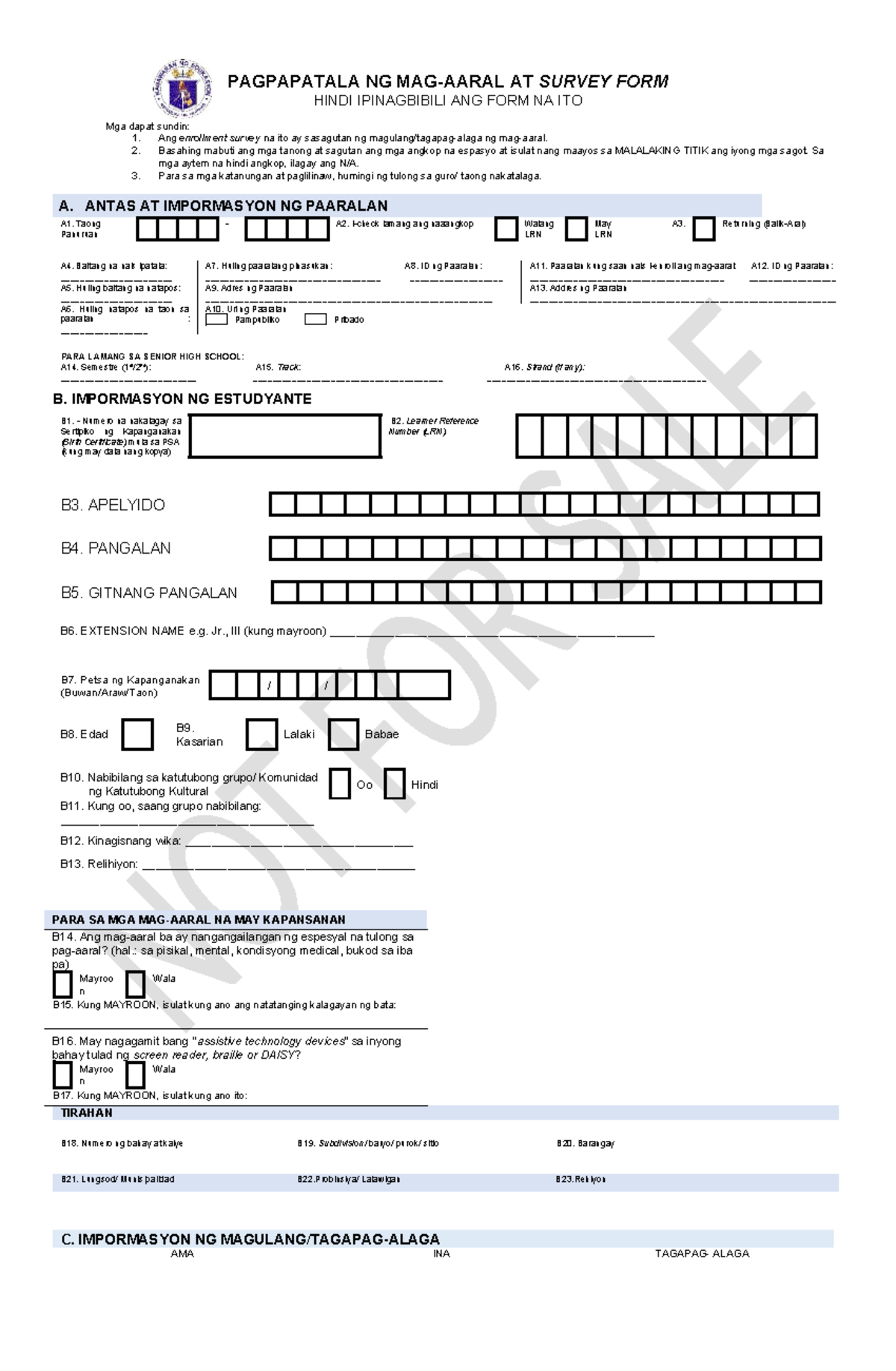 Learner Enrollment and Survey Form Filipino - PAGPAPATALA NG MAG-AARAL ...