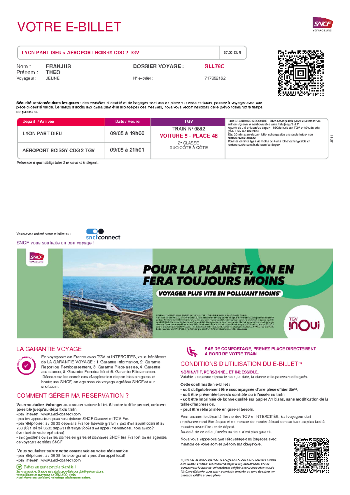 Inbound 4370988640106773319 - VOTRE E-BILLET LYON PART DIEU > AÉROPORT ROISSY CDG 2 TGV (1) En ...