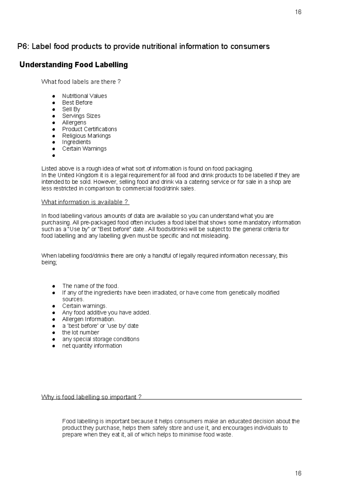 Task 4 - Creating Food Labels - P6: Label food products to provide ...